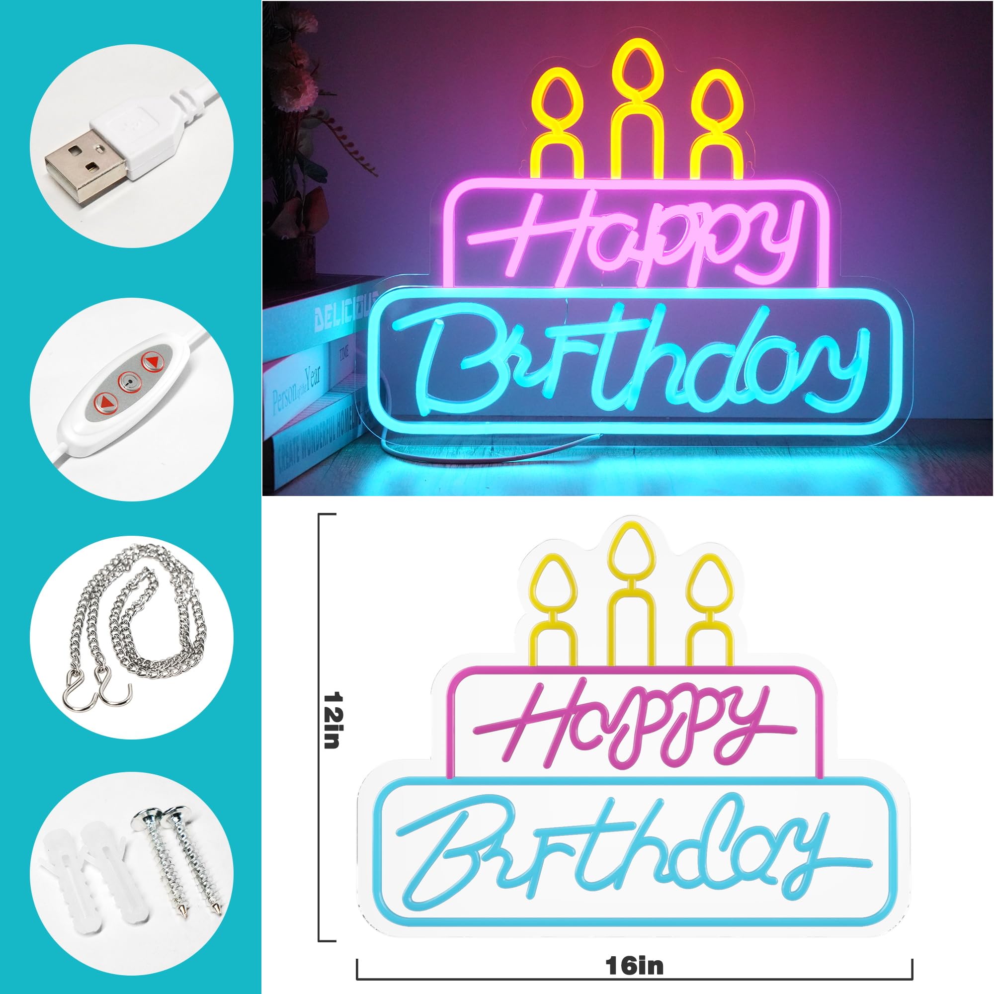 Snapklik.com : 16x12 Happy Birthday Neon Sign For Wall Decor - Dimmable ...