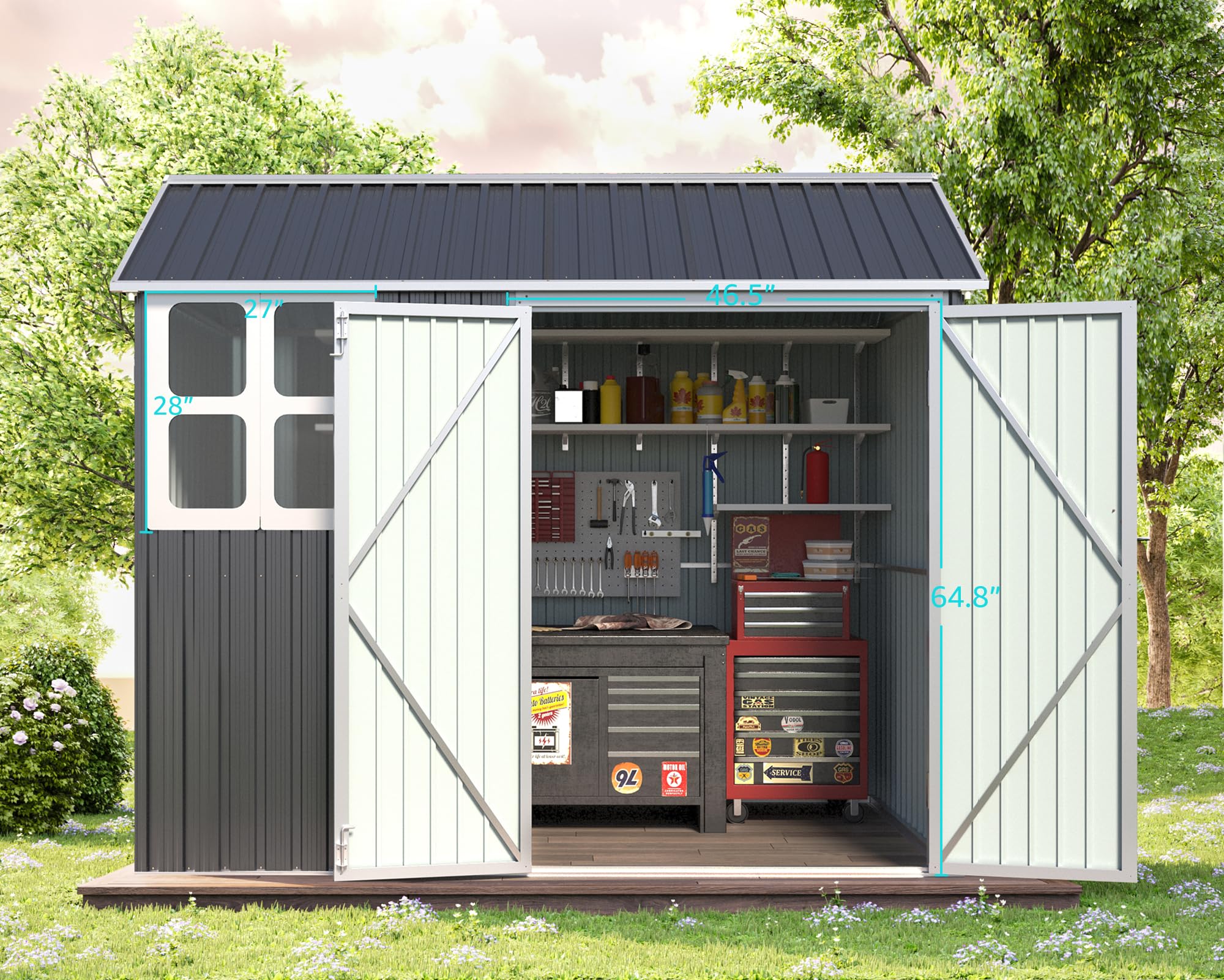 PAPABABE Cottage-Style Outdoor Storage Shed 8x6x7.5 FT, Metal Storage ...
