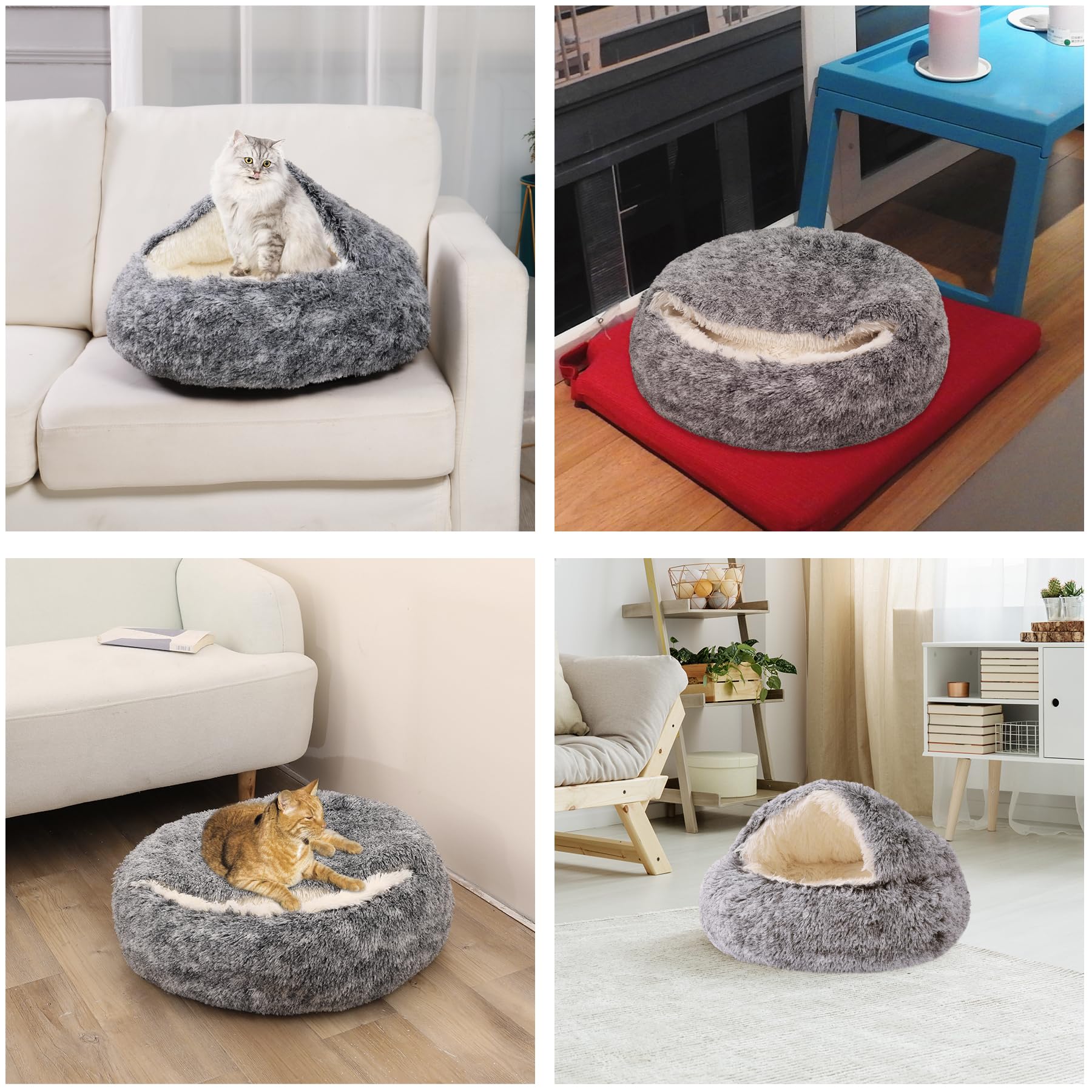 Round Dog and Cat Cave Bed with Hooded Cover, Pet Bed Hooded Plush Dog ...