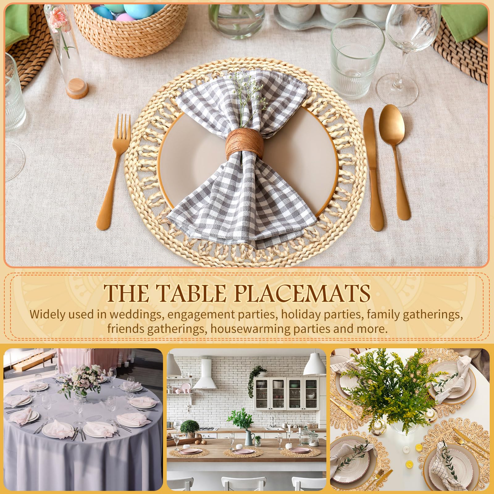 32 Pcs 15 Inch Round Woven Placemats Large Boho Rattan Chargers Natural ...