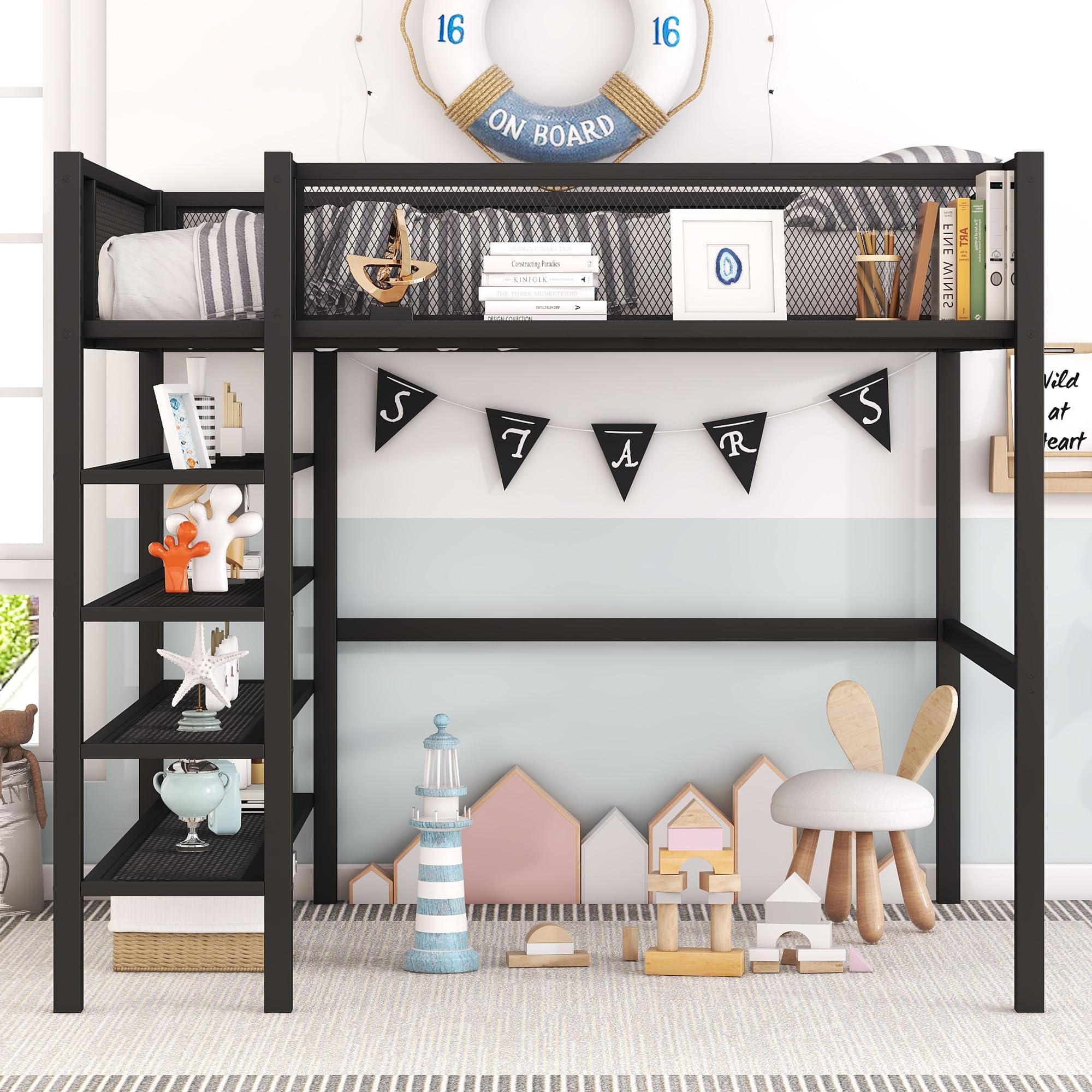 Amazon.com: Bellemave Full Size Metal Loft Bed with 4-Tier Shelves and ...