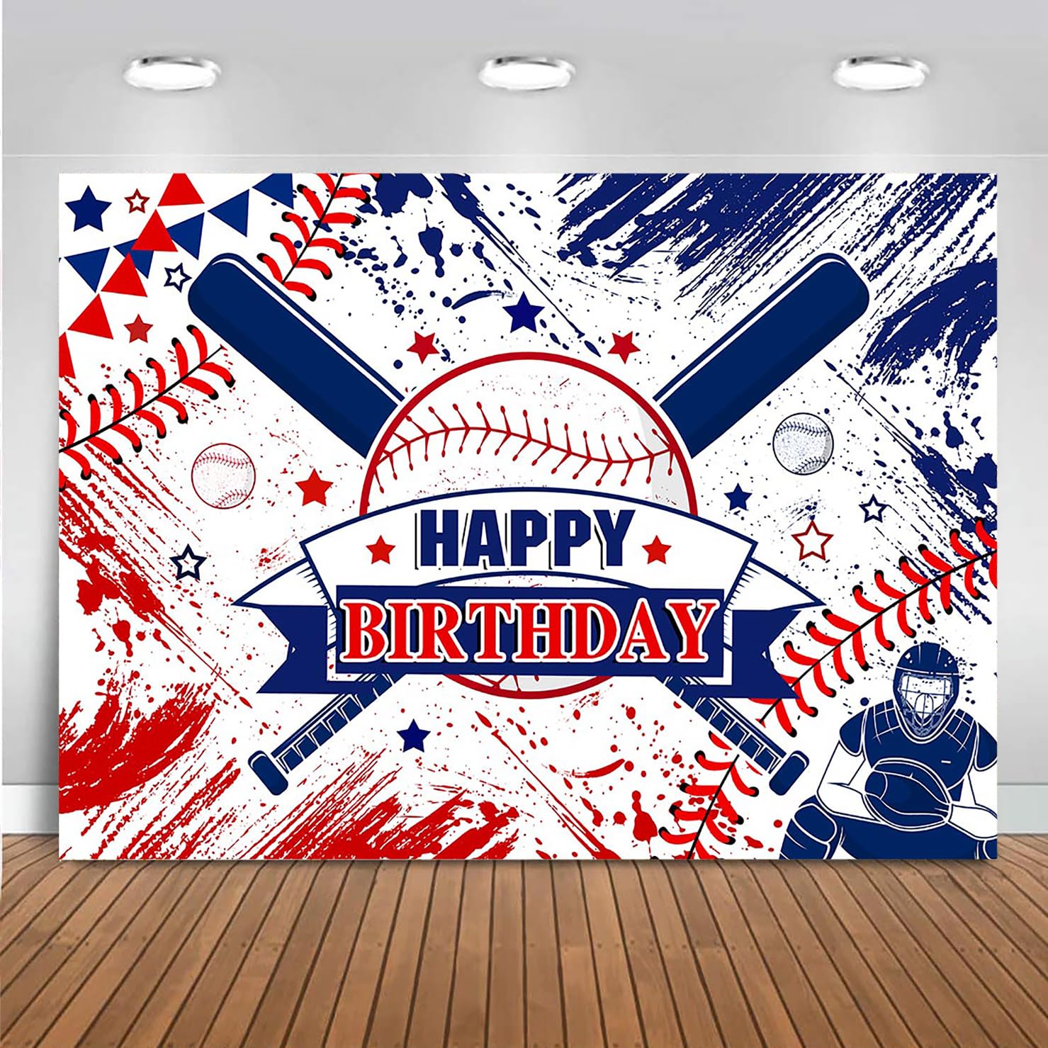 Amazon.com : Mocsicka Baseball Birthday Backdrop Boys Blue and Red ...