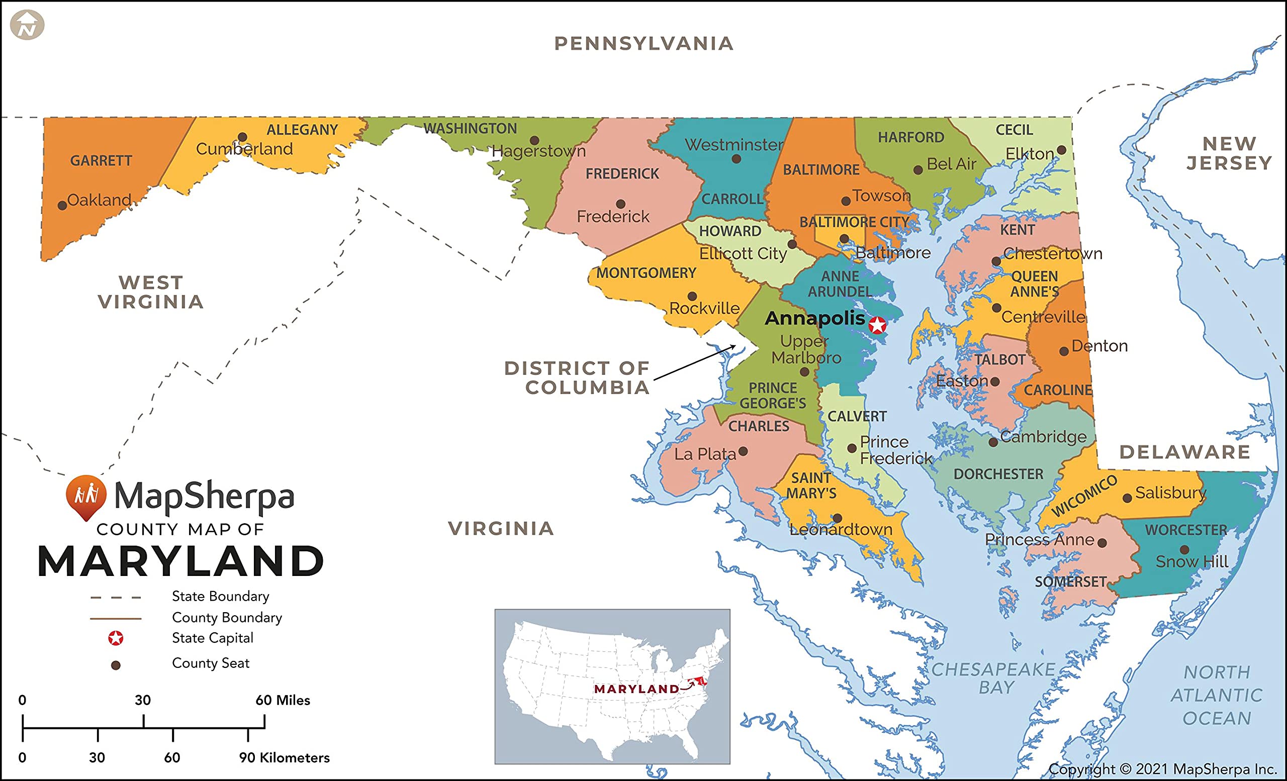 Mapa De Maryland Y Los Estados Circundantes Mapa Tipográfico De
