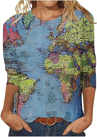 Womens Vintage World Map Print Tops Crew Neck Blouses Plus Size Casual ...