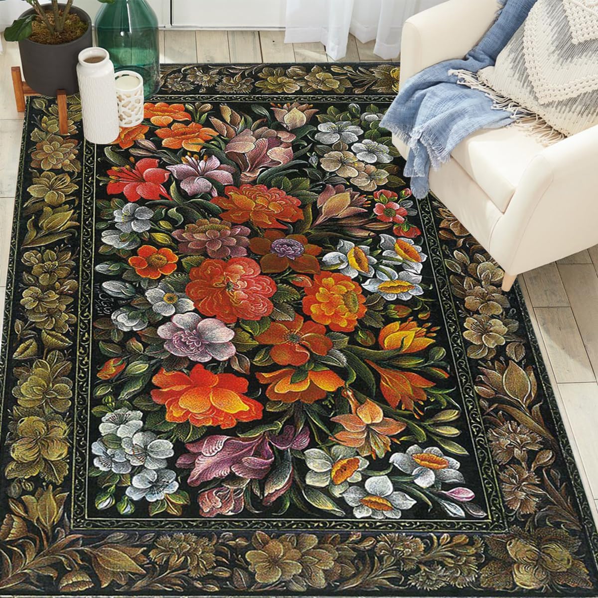 Amazon.com: Colorful Flowers Pattern Vintage Retro Area Rug for Living ...