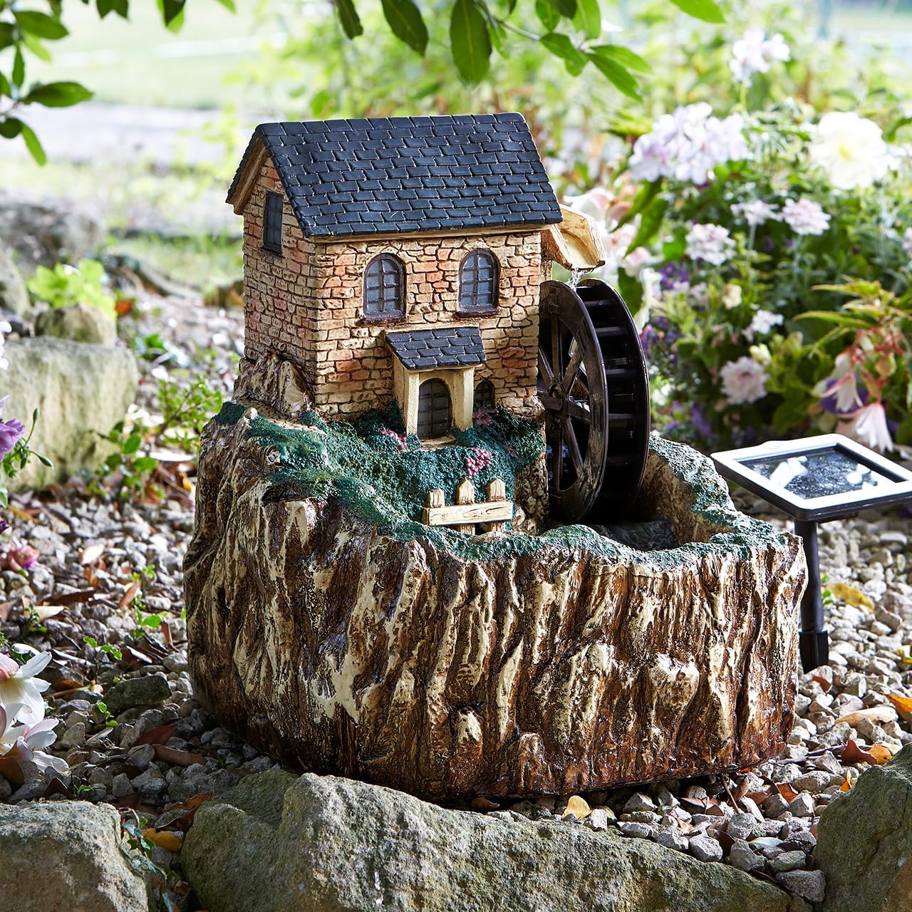 Watermill Solar Powered Water Fountain – Hand Painted Polyresin ...