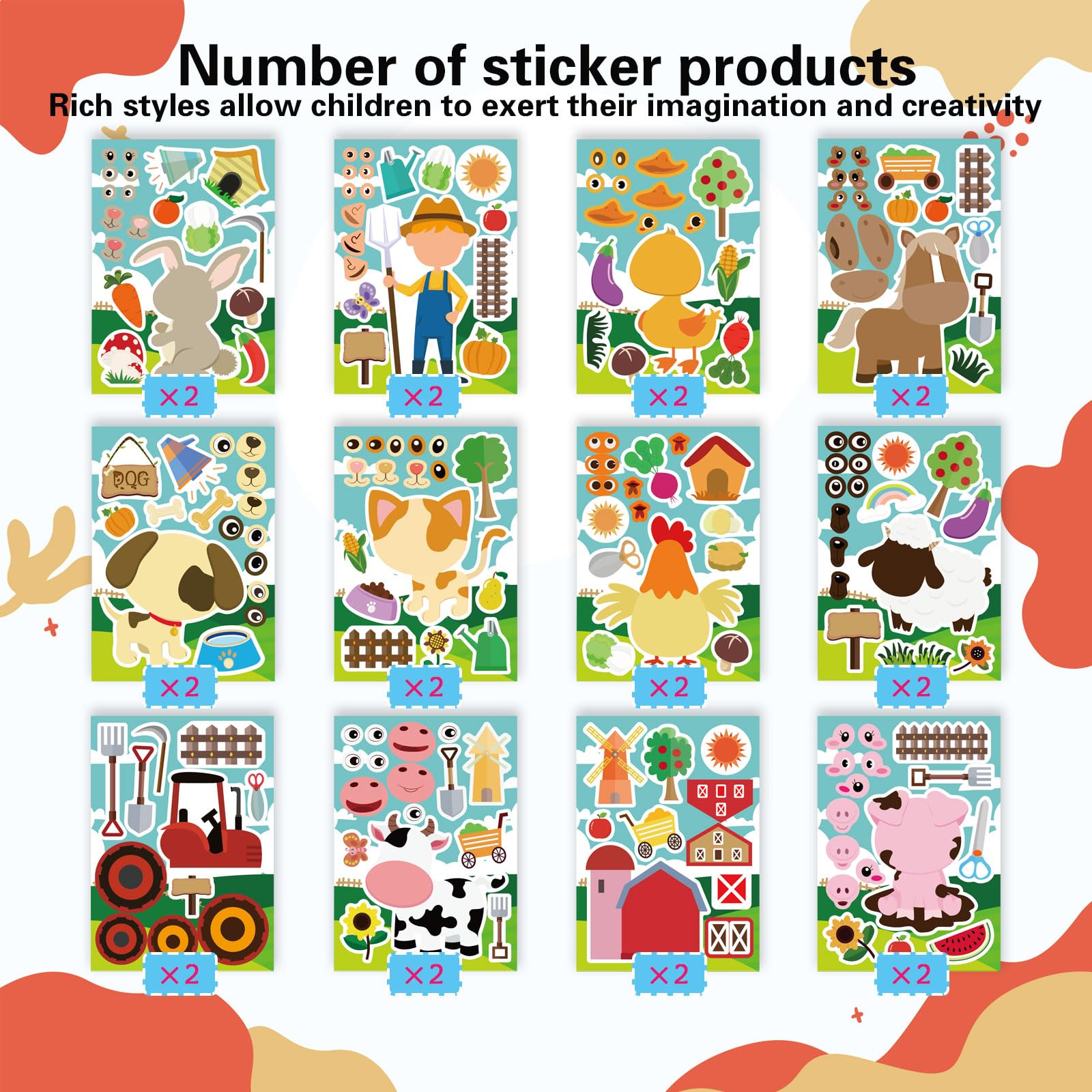 Snapklik.com : 24 Sheets Make-a-face Sticker, Farm Animal Stickers ...