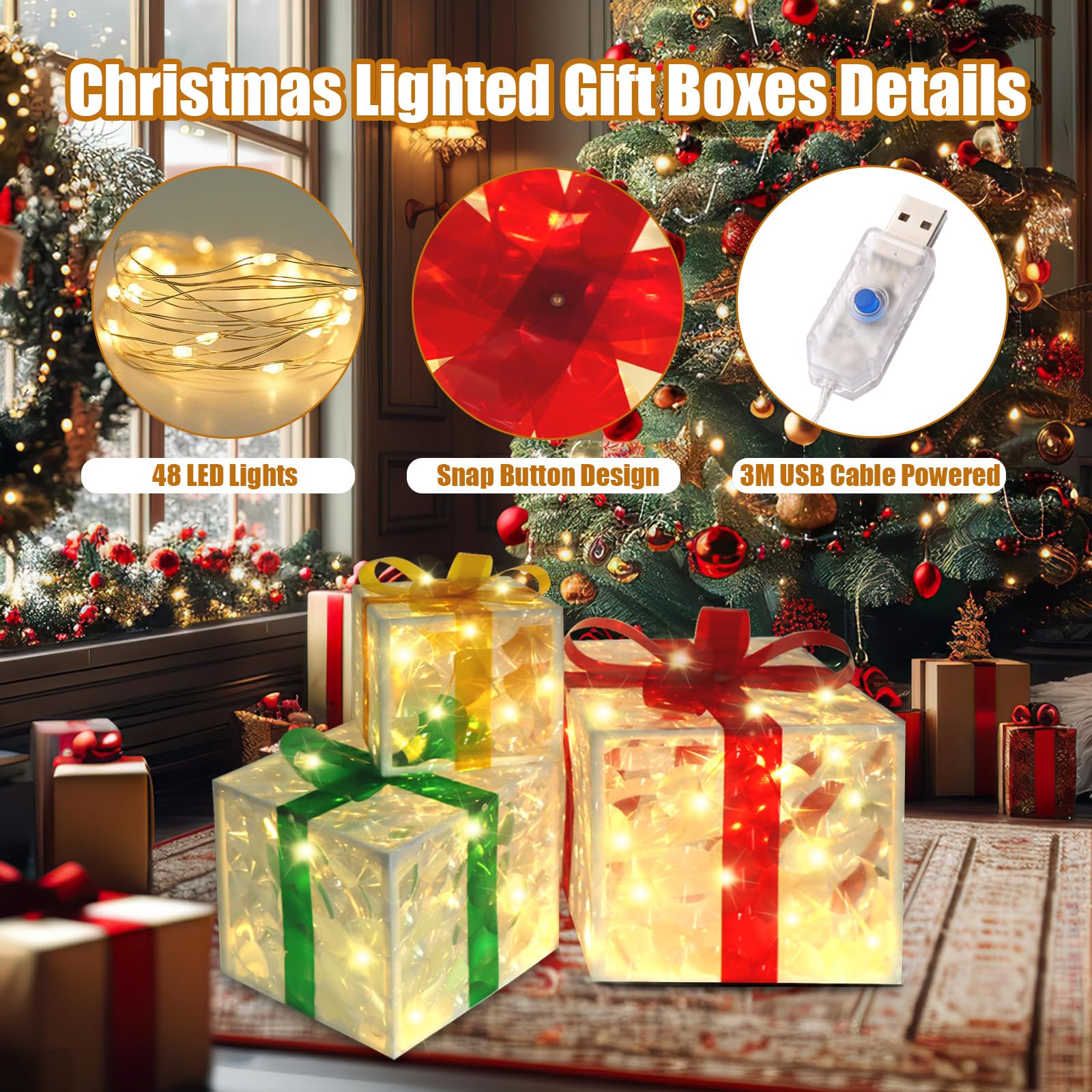 hzuisst Light Up Gift Boxes, Set of 3 Christmas Lighted Gift Boxes with ...