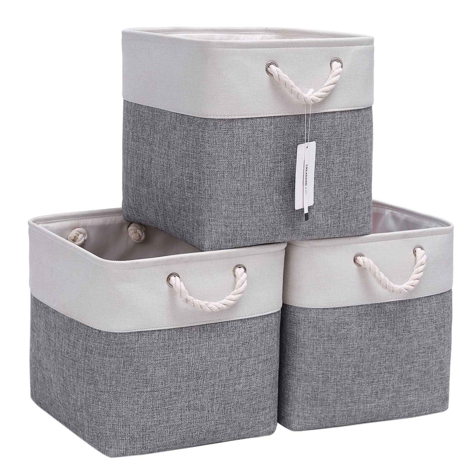 CREADARD Fabric Cube Storage Box Set of 3, 13x13x13 inch Foldable Linen ...