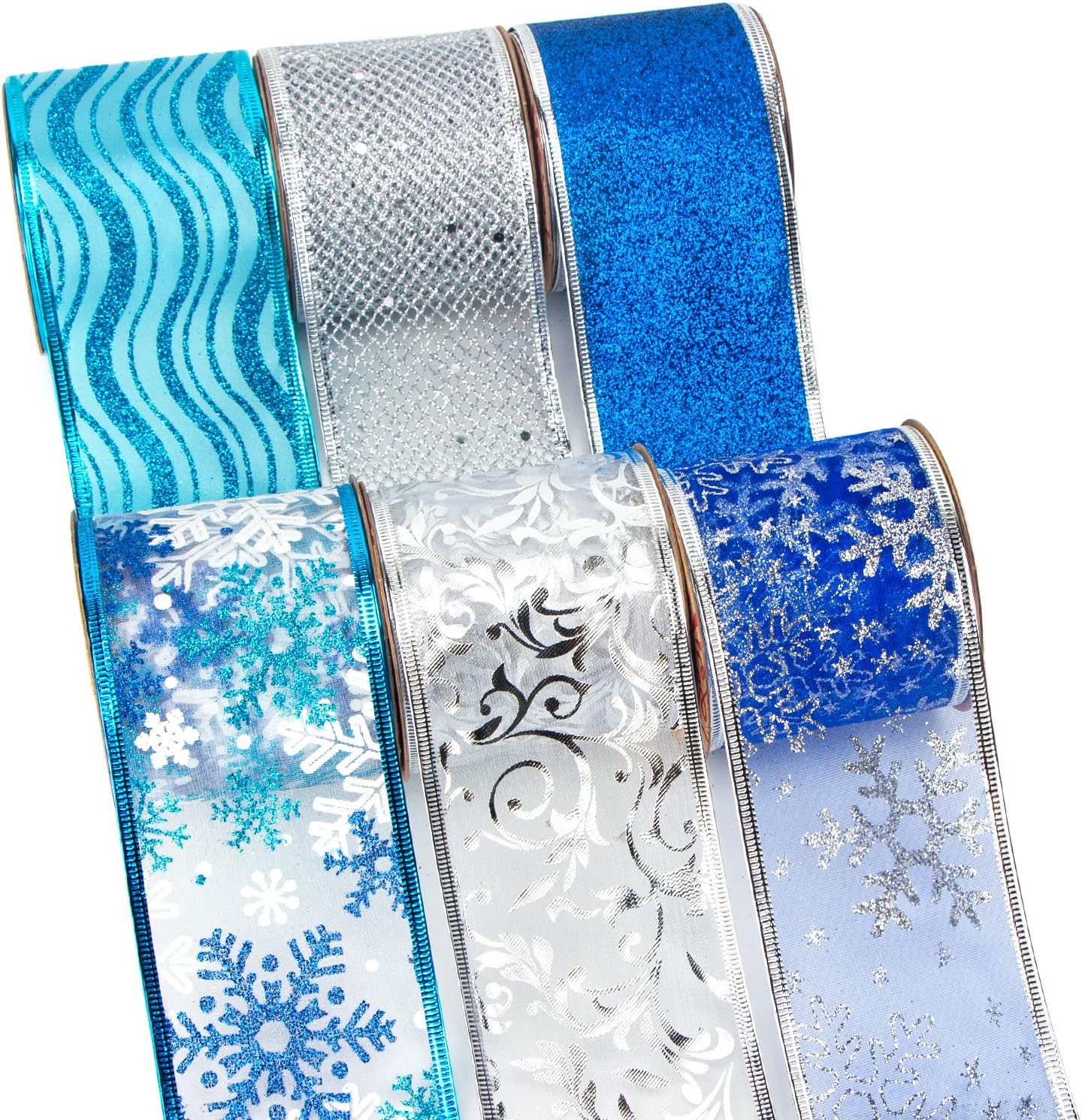 Amazon.com: Ribbli Blue & Silver Christmas Tree Ribbon - Wired, Glitter ...