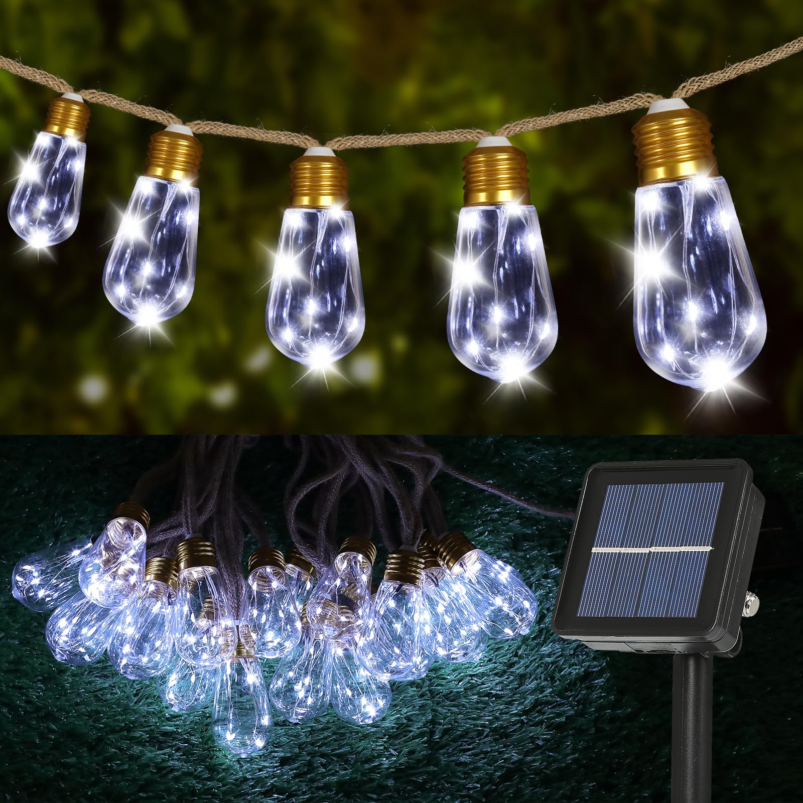 Solar Outdoor String Lights 24FT Vintage Rope Hemp Solar Lights with 20 ...