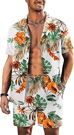 Amazon.com: COOFANDY Men's Flower Shirt Hawaiian Sets Casual Button ...