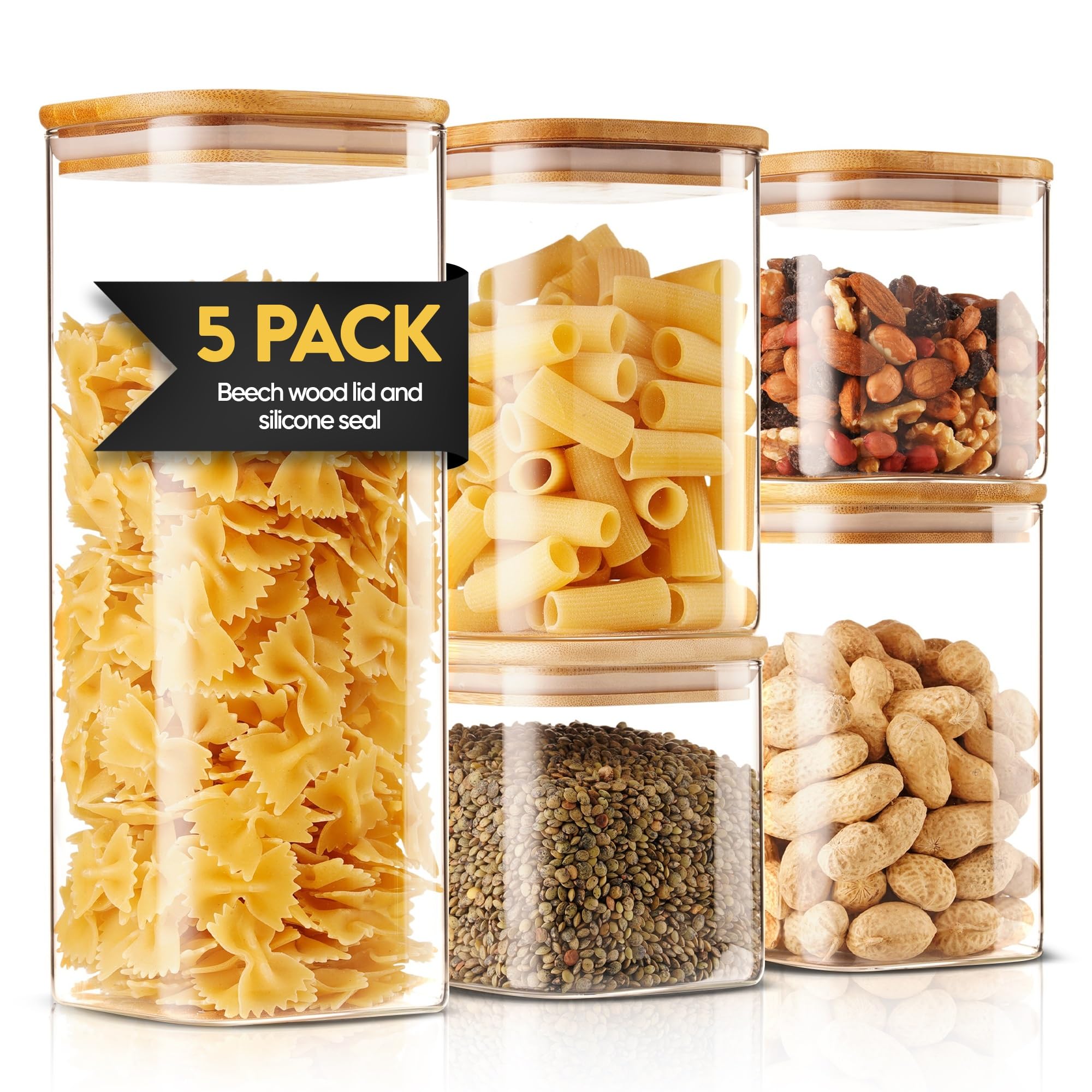 Wrenbury Glass Containers with Wooden Lids Airtight - Set of 5 ...