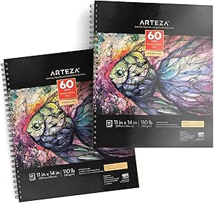 ARTEZA Mixed Media Sketchbook, 11 x 14 Inches, Pack of 2, 60 Sheets Each, 110lb/180gsm, Spiral ...