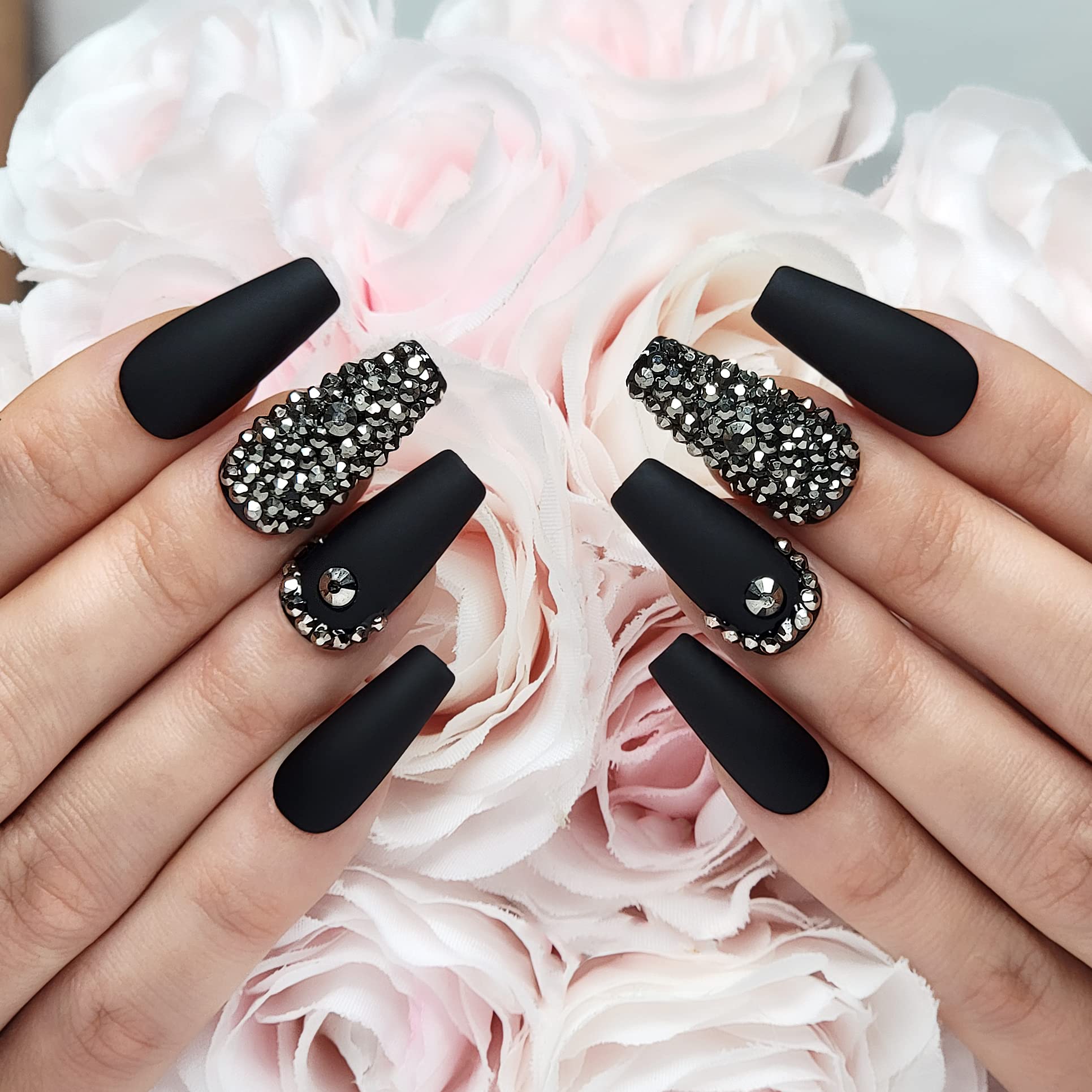 Matte Black And Silver Nails