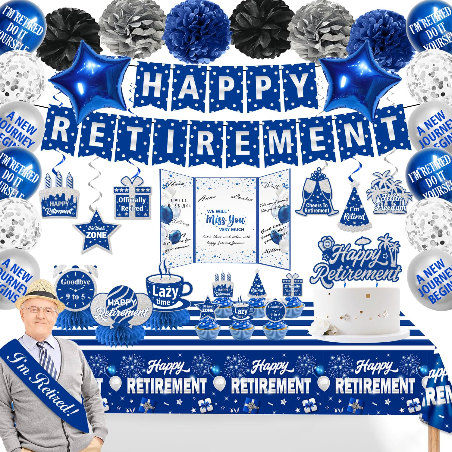 Amazon.com: cocomigo 49pcs Retirement Party Decorations, Blue Sliver ...