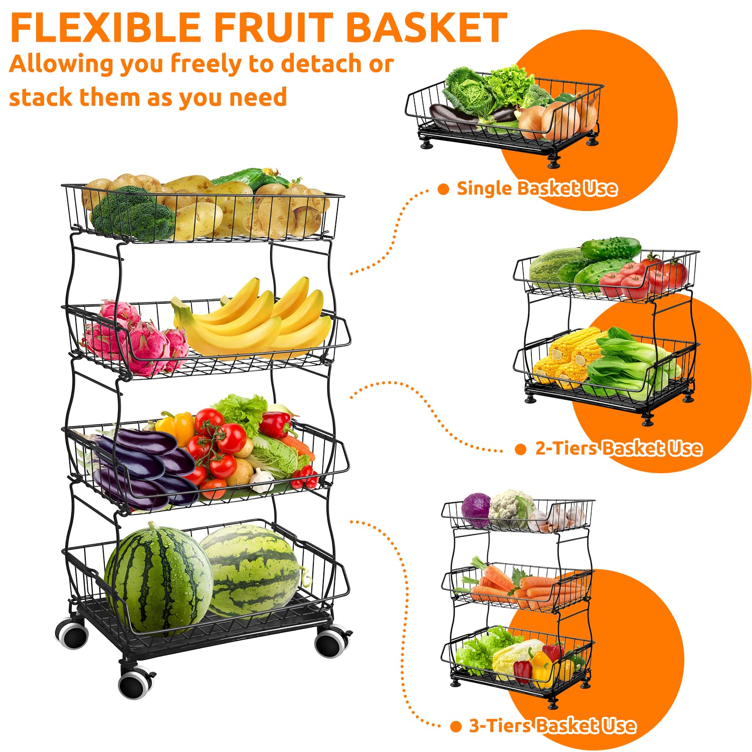 YuAnWe 4-Tiers Fruit Basket for Kitchen, Metal Fruit Basket with ...