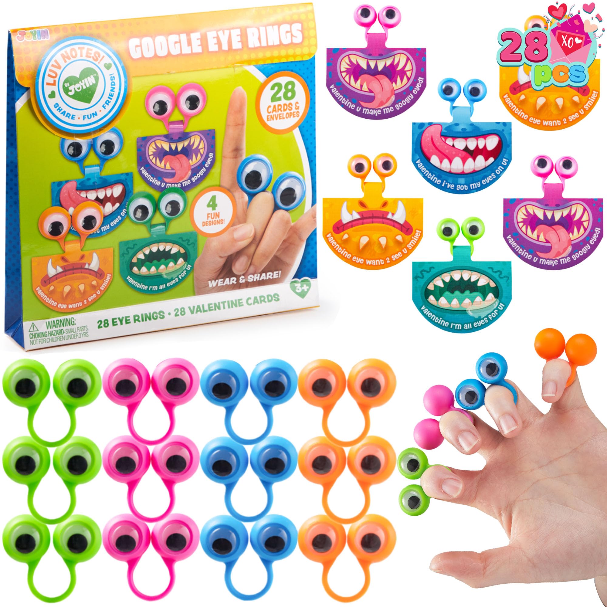 Amazon.com: JOYIN 28 Pack Valentines Day Eye Finger Puppets with Cards ...