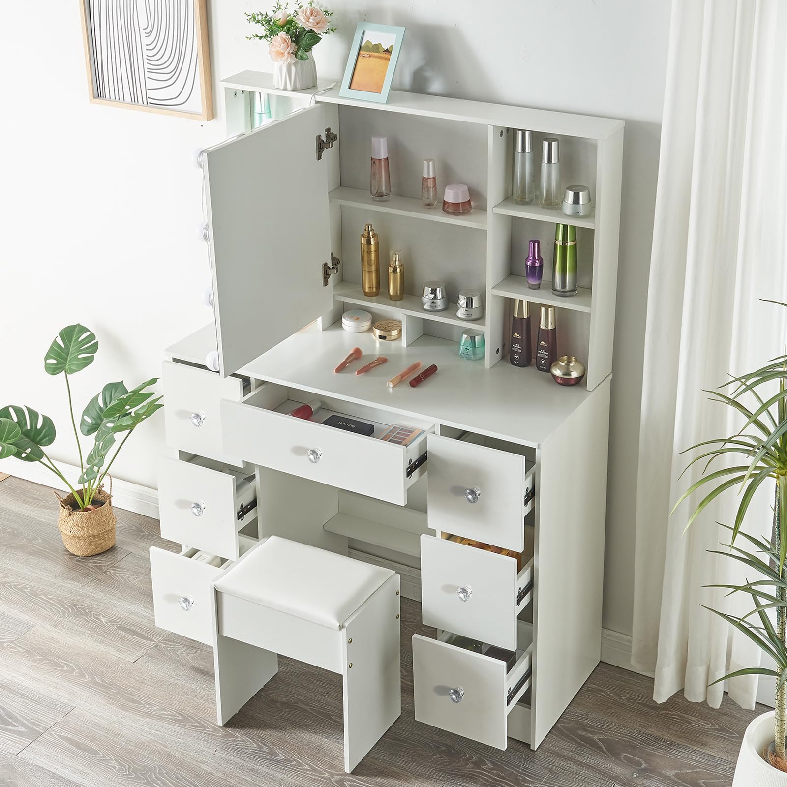 Makeup Vanity Desk with Mirror and Lights, Vanity Table with Openable ...