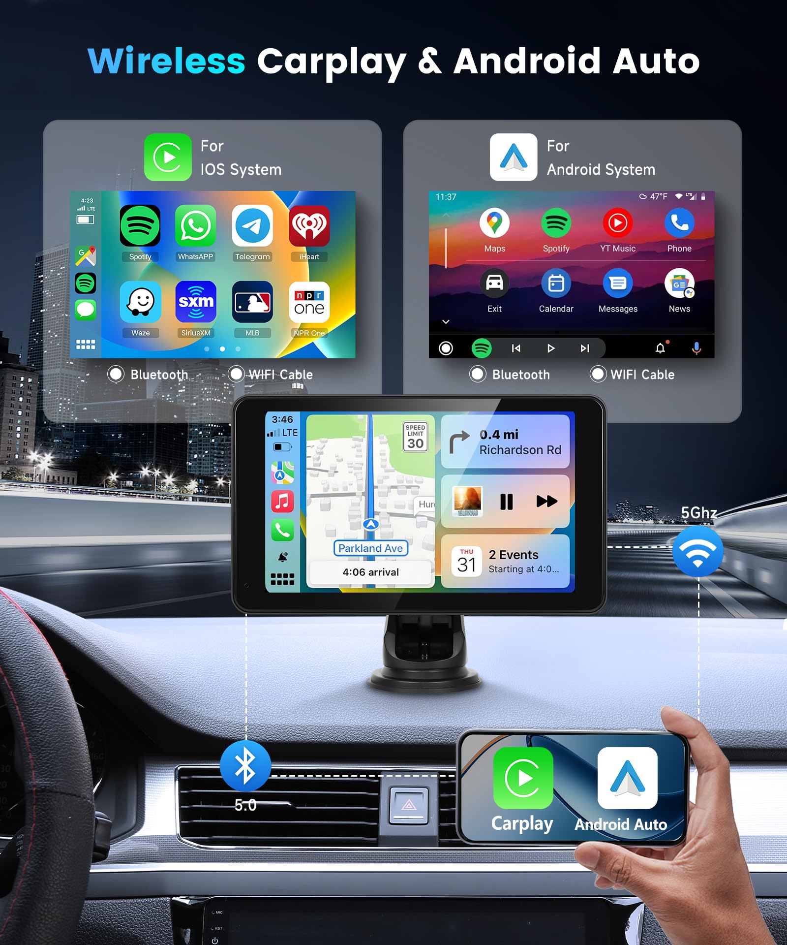 Podofo Portable A-pple Carplay Screen for Car, 7 inch Wireless Carplay ...
