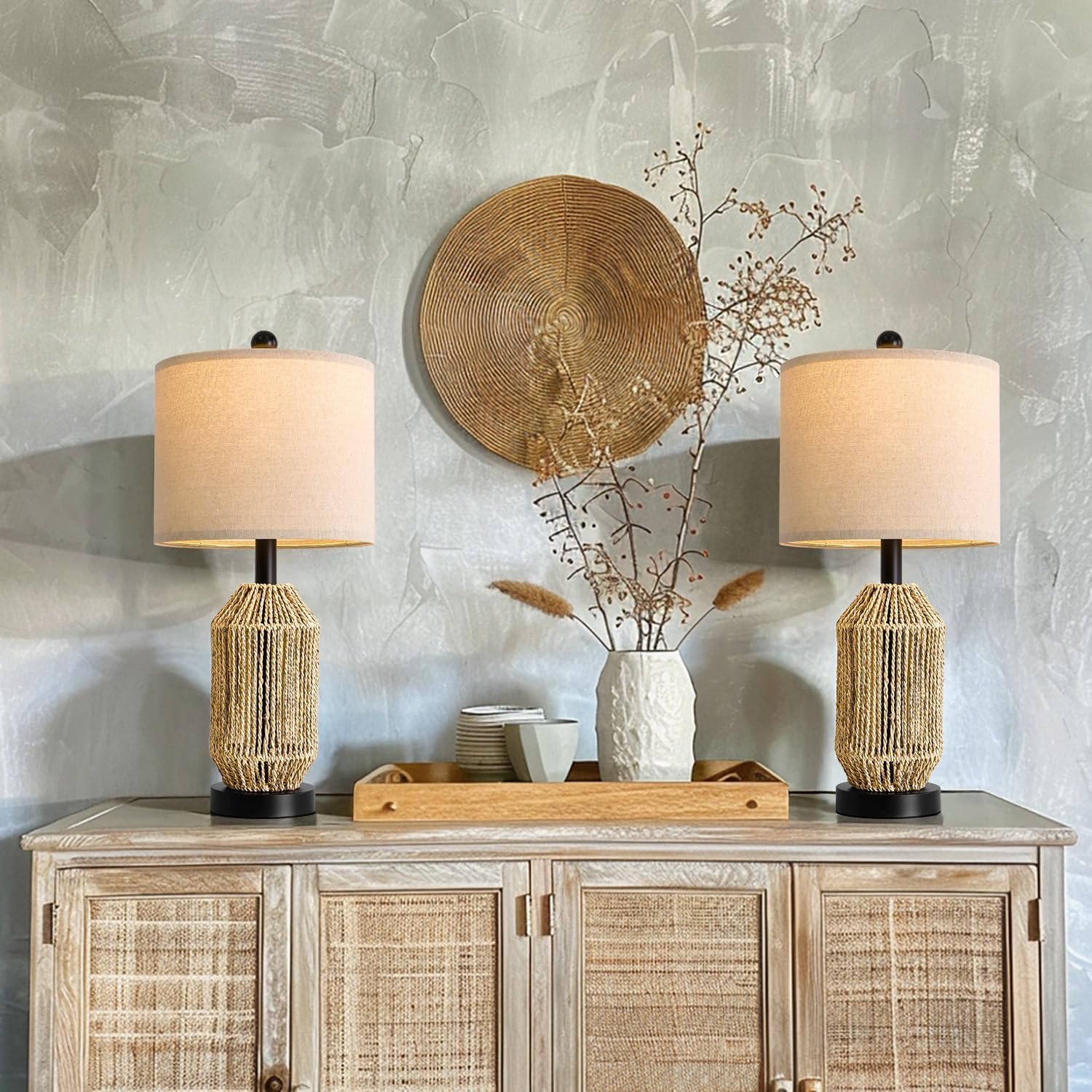 OYEARS 21" Boho Table Lamps Set of 2 for Living Room, Bedside Lamps for Nightstand, Rattan Lamp ...