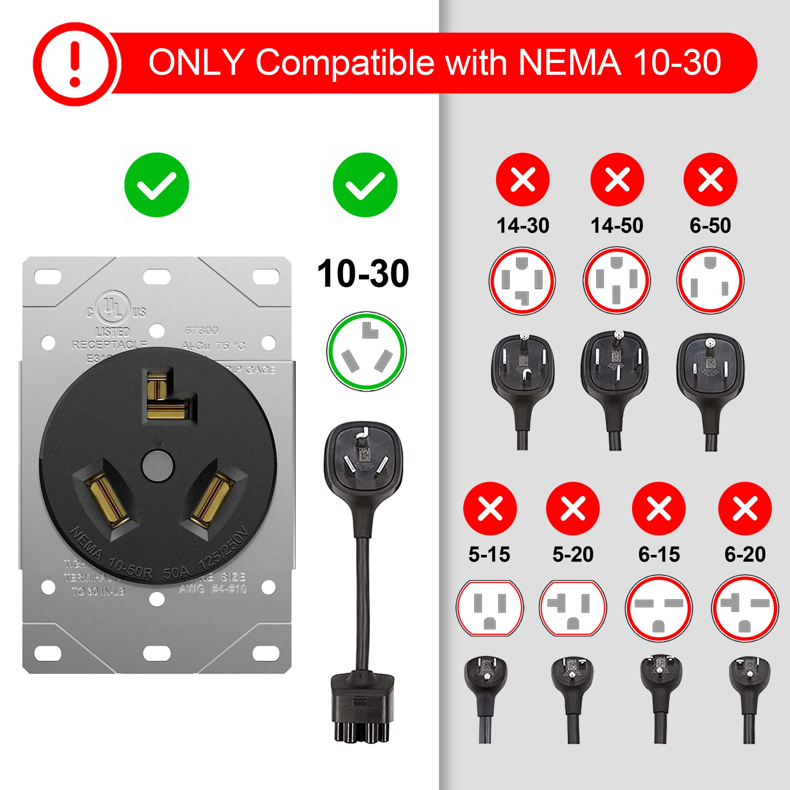 CircleCord 3 Prong 50 Feet Dryer/EV Extension Cord, 30 Amp NEMA 10-30P ...