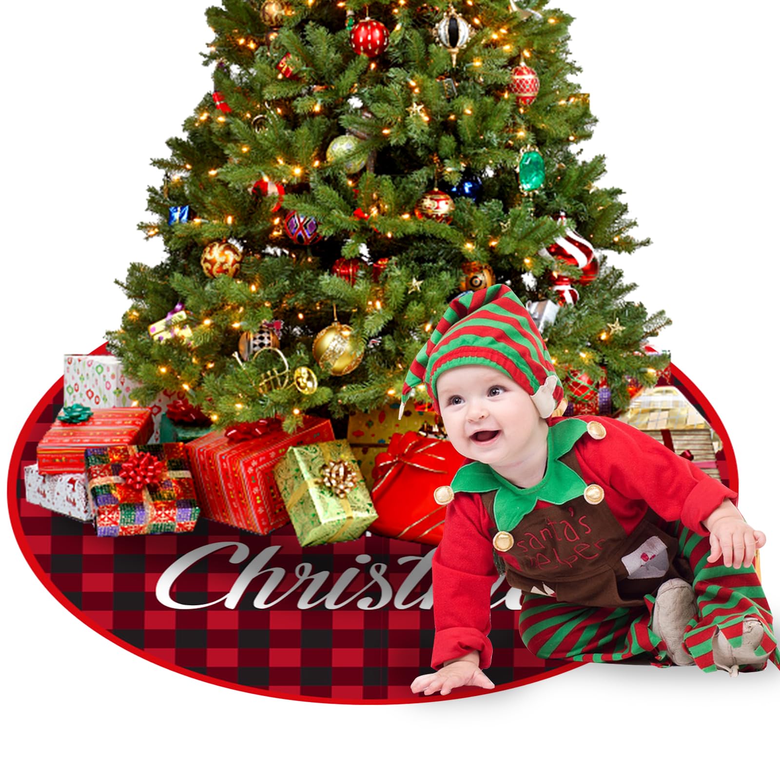 Plaid Printed Xmas Tree Mat Red Christmas Tree Skirt, Burlap Mat Tree ...