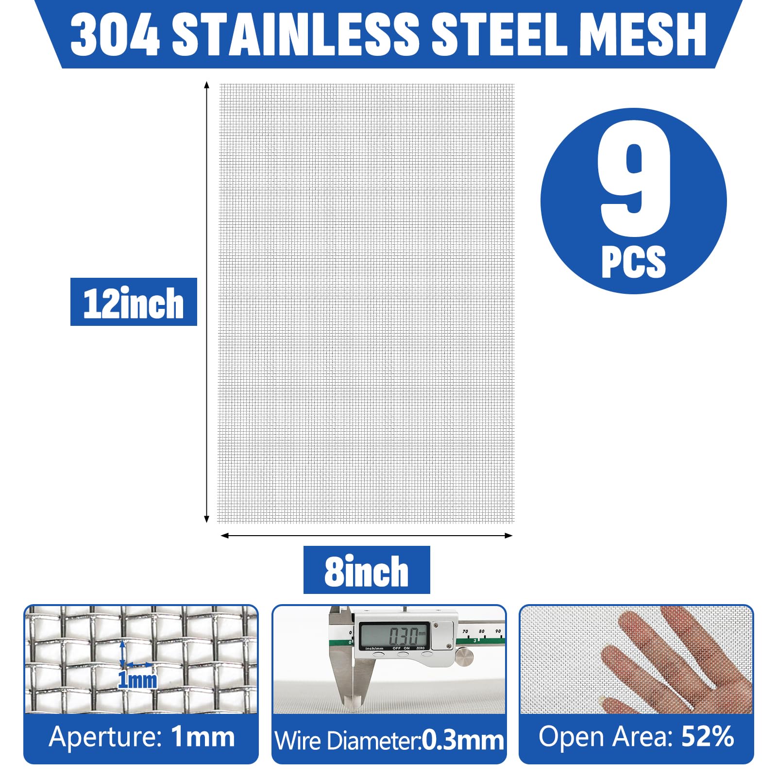 Snapklik.com : 9 Pack 304 Stainless Steel Mesh Screen, 8 X 12 20 Mesh ...