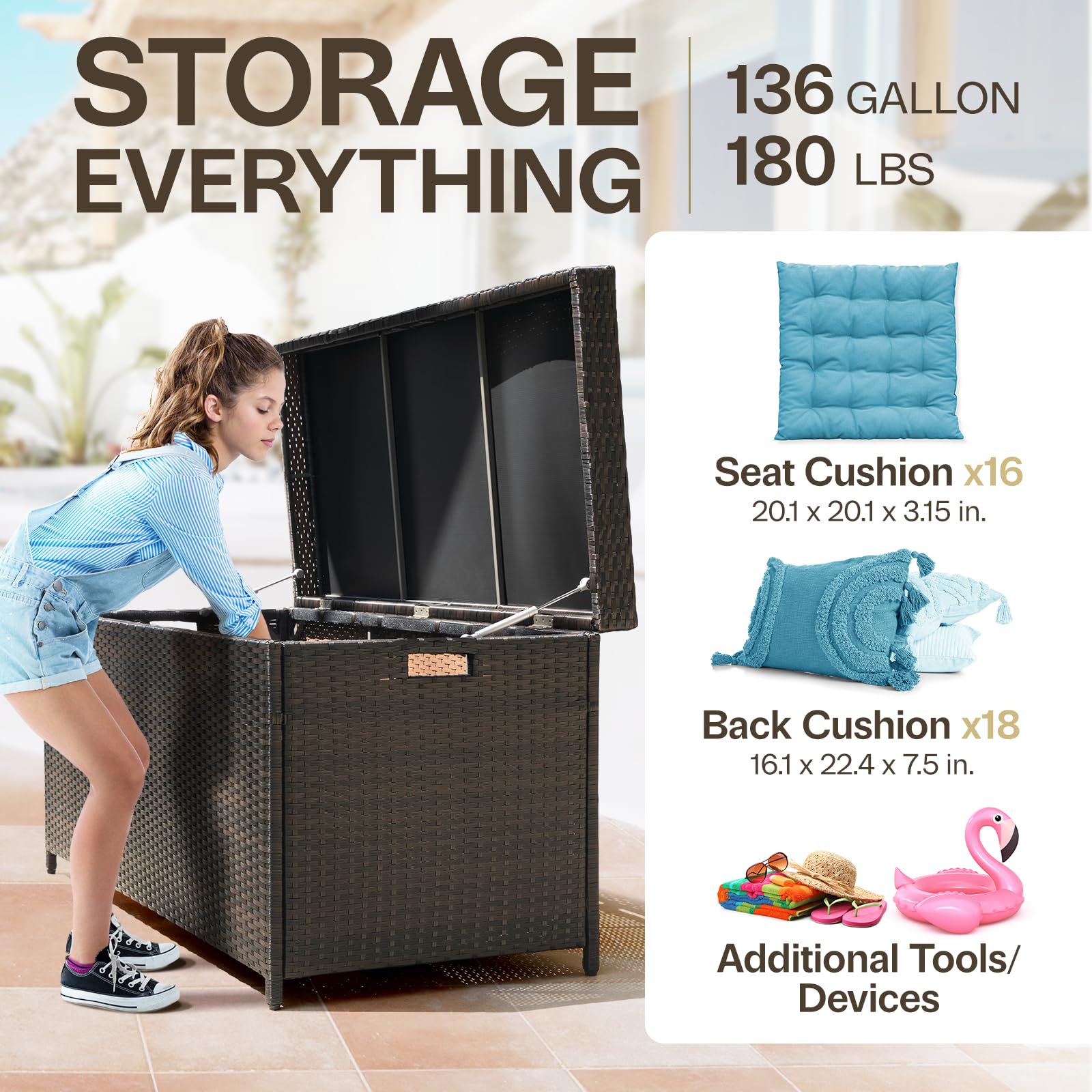 Snapklik.com : Idzo 136 Gallon Outdoor Wicker Storage Box, UV Weather ...
