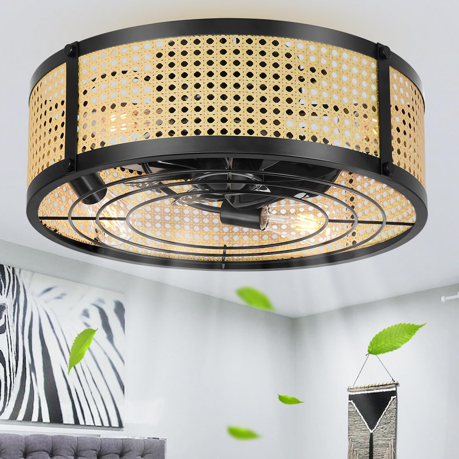 Amazon.com: Coolbull Rattan Caged Ceiling Fans with Lights, 19'' Flush ...