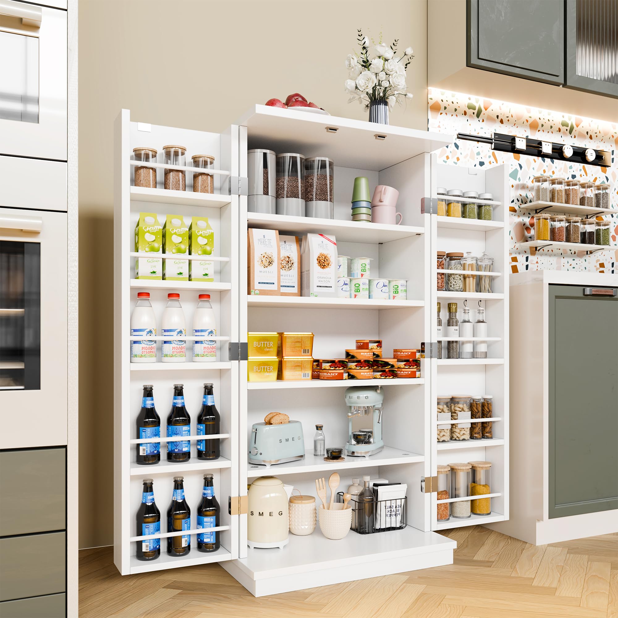 Amazon.com: SUNLEI 47" Kitchen Pantry Cabinet, White Food Storage ...