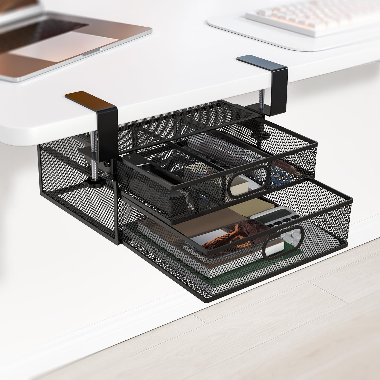 Amazon.com: Under Desk Drawer Organizer No Drilling, Mesh Metal Desk ...