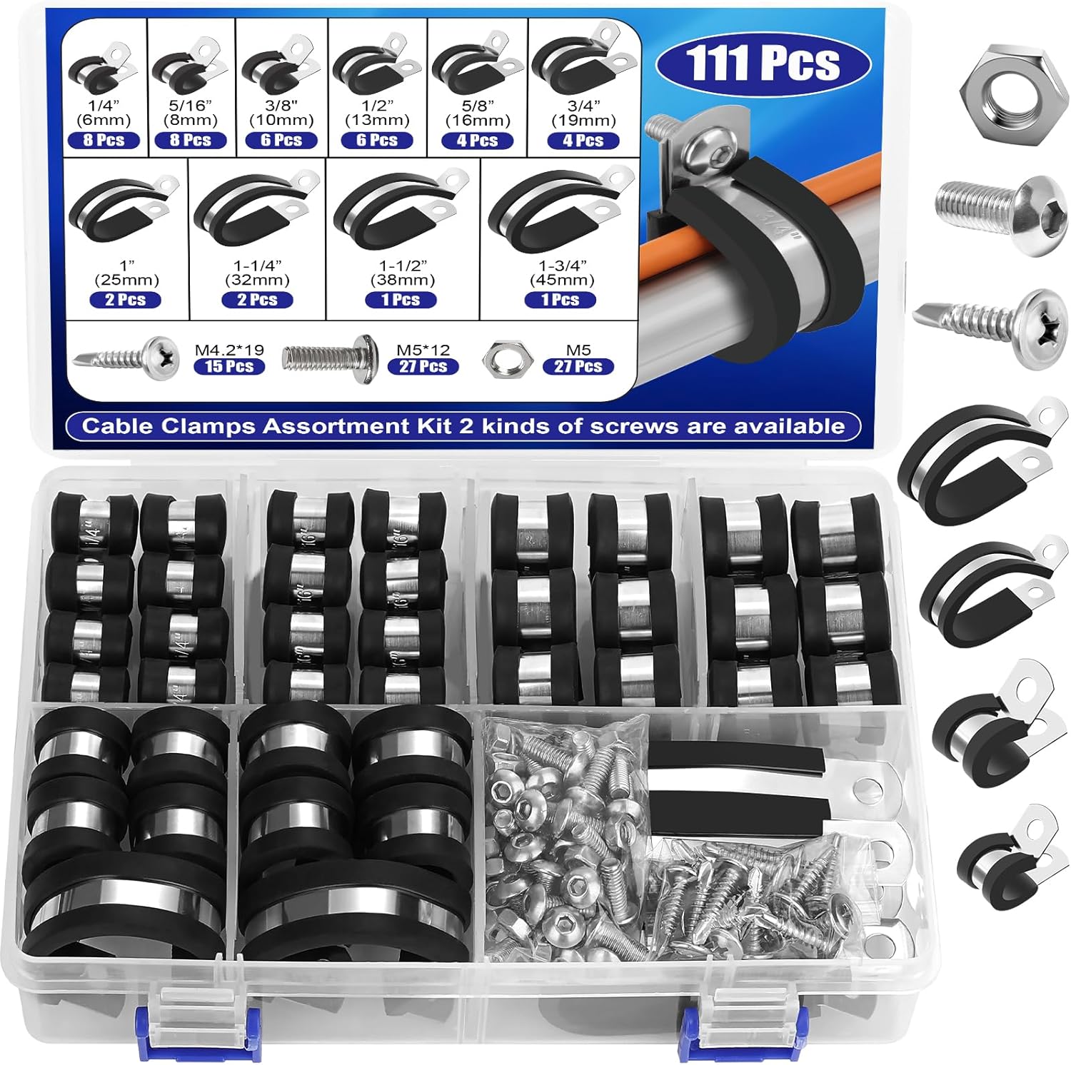 111 Pcs Cable Clamps 10 Size Pipe Clamps Assortment Kit 304 Stainless ...