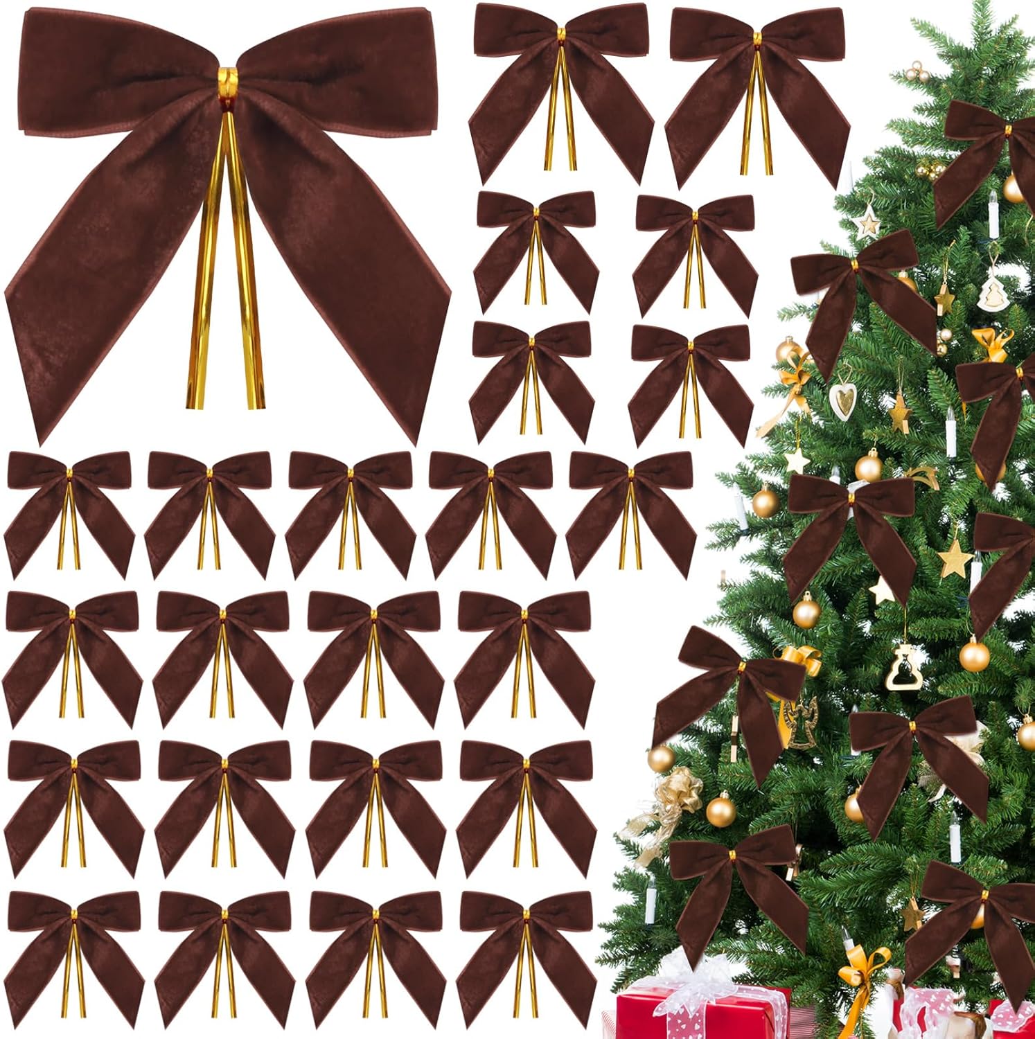 Amazon.com: Tsorode 24 Pcs Brown Velvet Bows for Christmas Tree,Brown ...