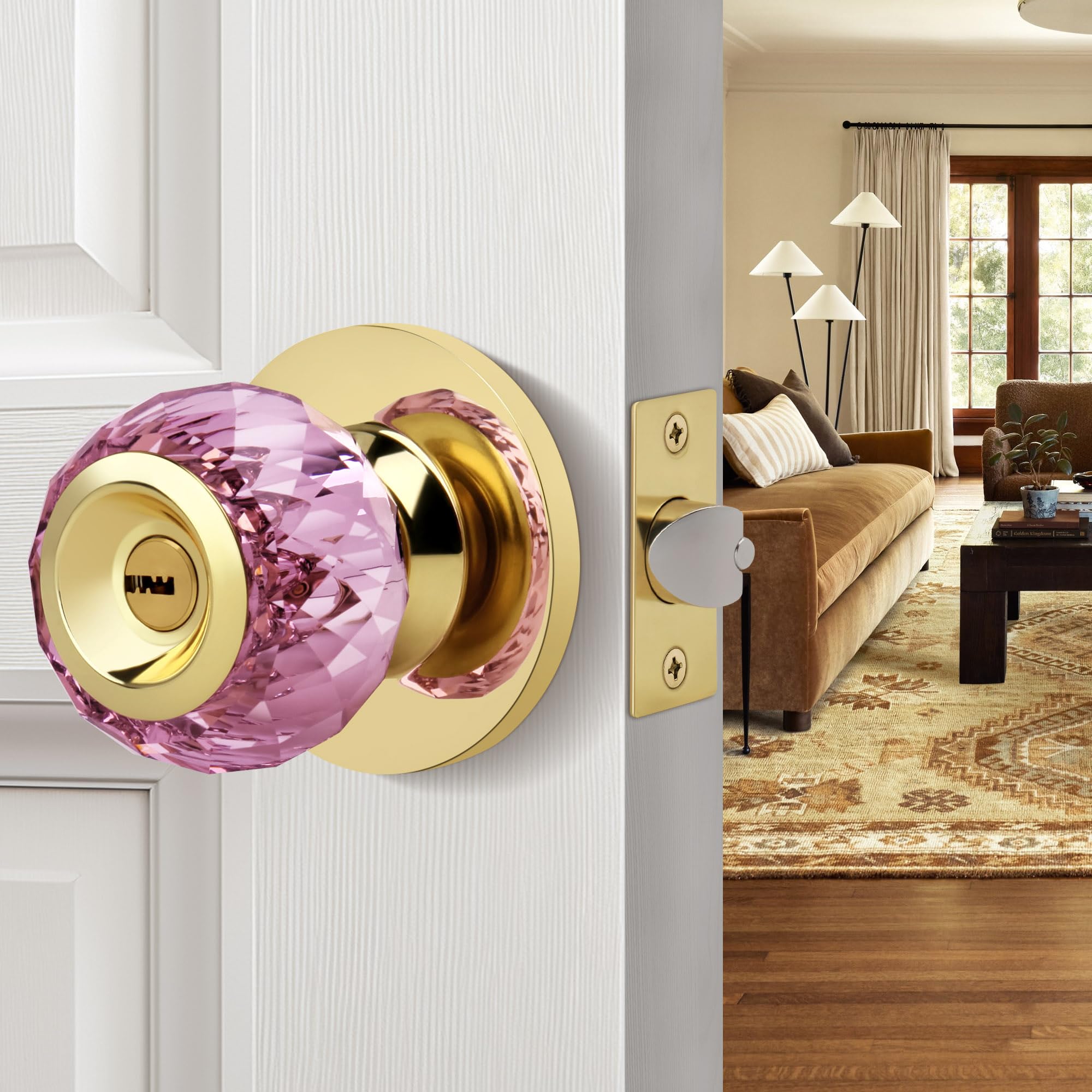 LOQRON Crystal Door Knob with Privacy Lock, Pink Glass Interior Door Knob with Keys and Lock ...