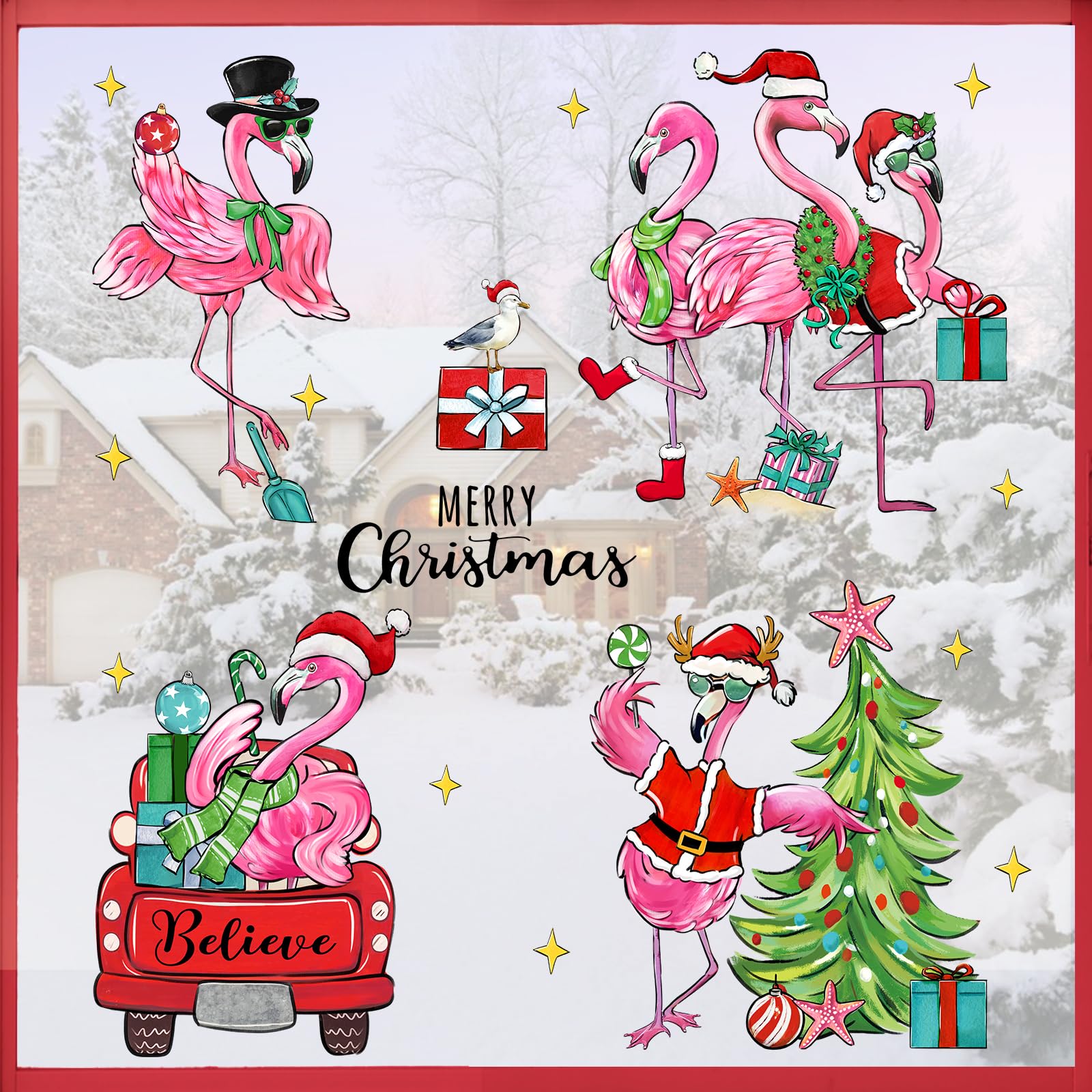 Amazon.com: Mfault Merry Christmas Flamingo Beach Window Clings 4 ...