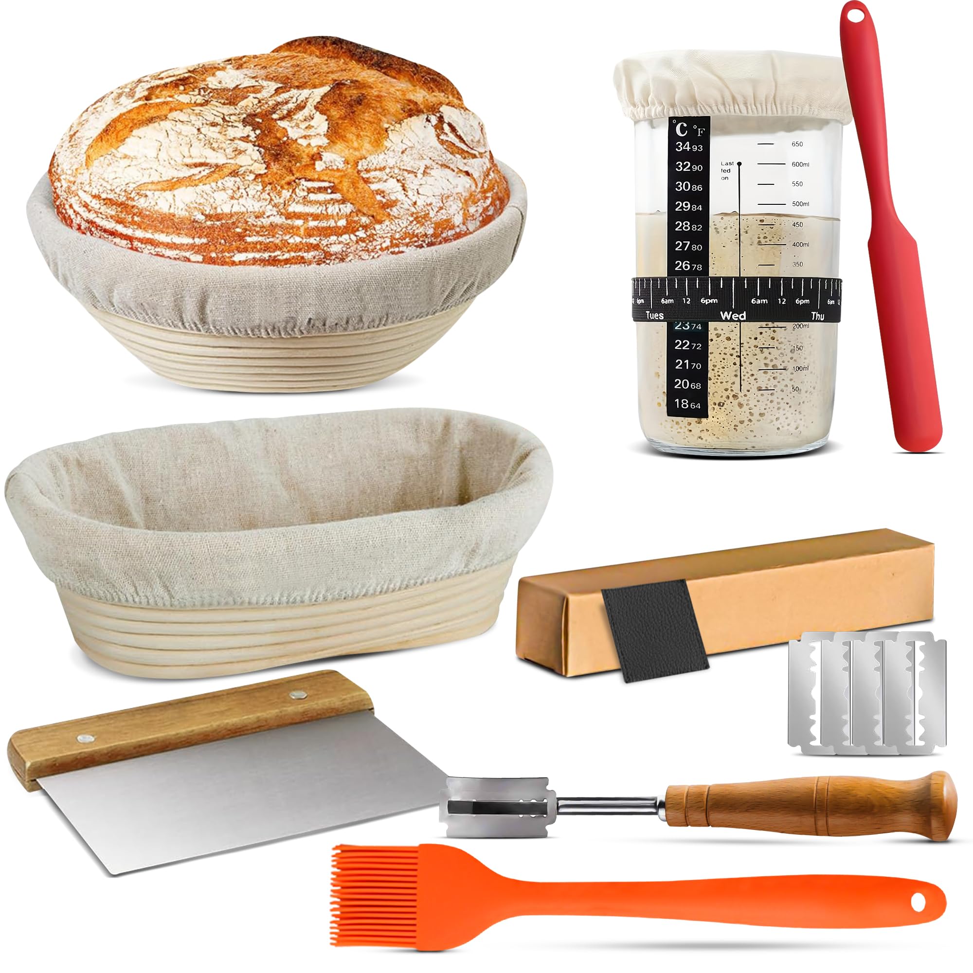 Amazon.com: Sourdough Starter Kit with Round 9" and Oval 10" Banneton ...