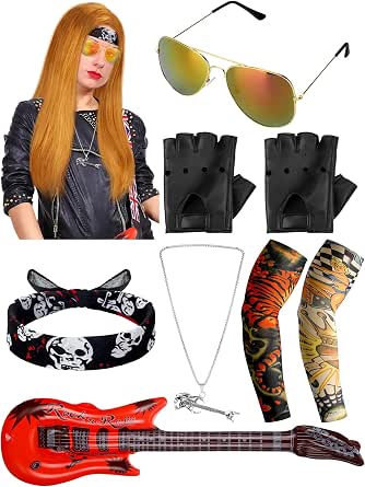 Amazon.com: Mepase 8 Pcs Halloween 80s Rocker Costume Set Rock Wig ...