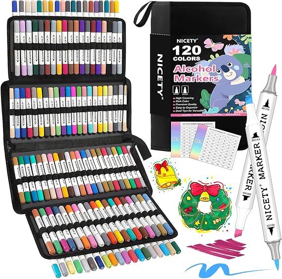Amazon.com: NICETY 120 Colors Alcohol Markers Brush Tip Set, Dual Tip ...