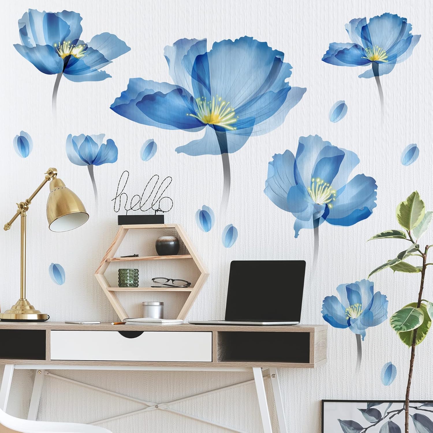 Amazon.com: Buiory 3d Removable Creative Light Blue Flower Wall Decals ...