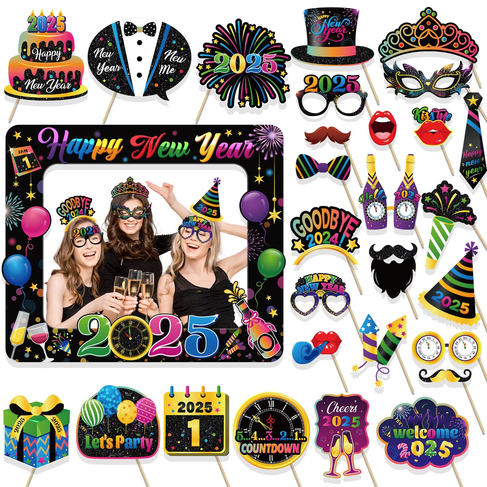 Amazon.com: HOWAF 29pcs Colorful Happy New Year Photo Booth Props with ...