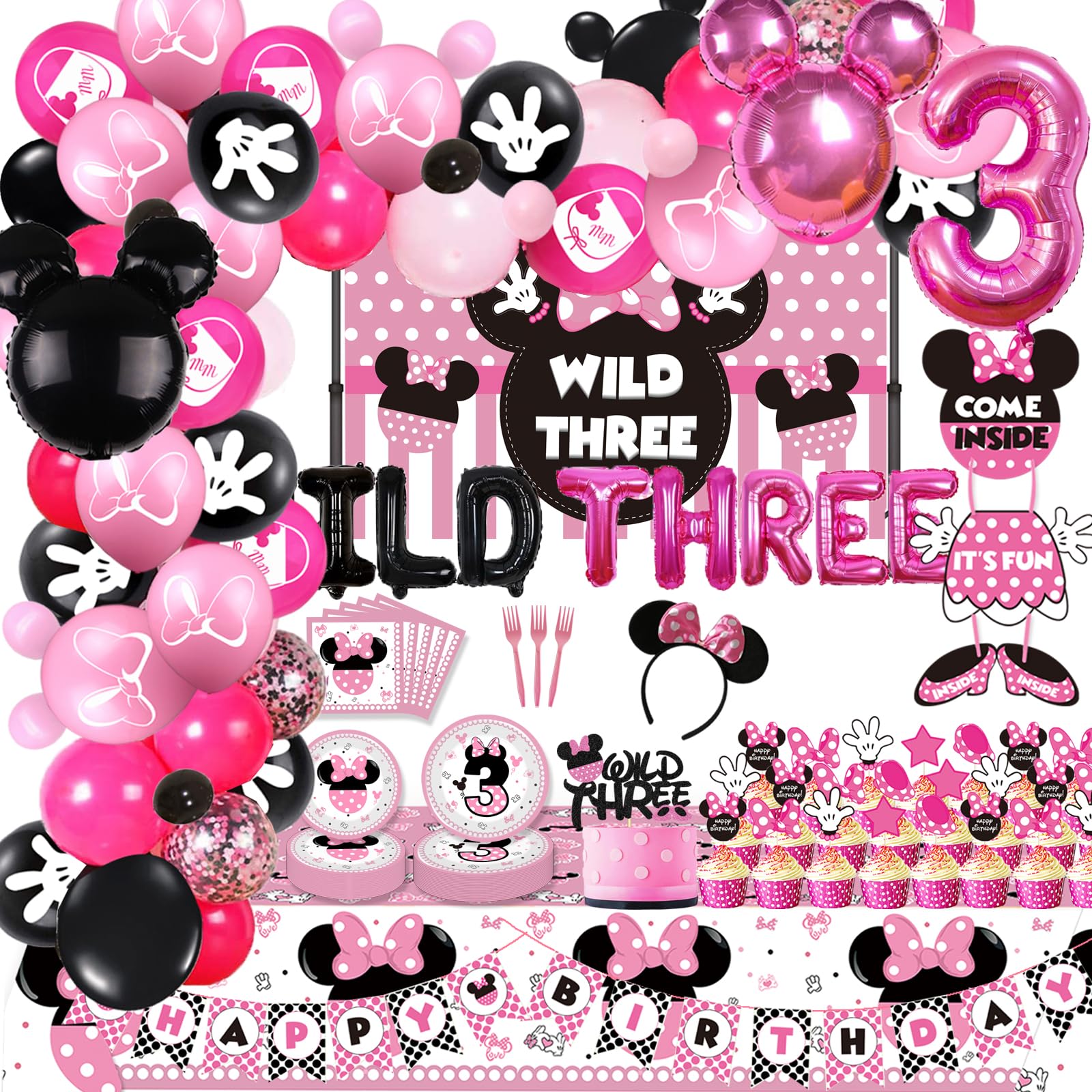 Amazon.com: 201 Pcs Pink 3rd Birthday Party Decorations, Wild Three ...