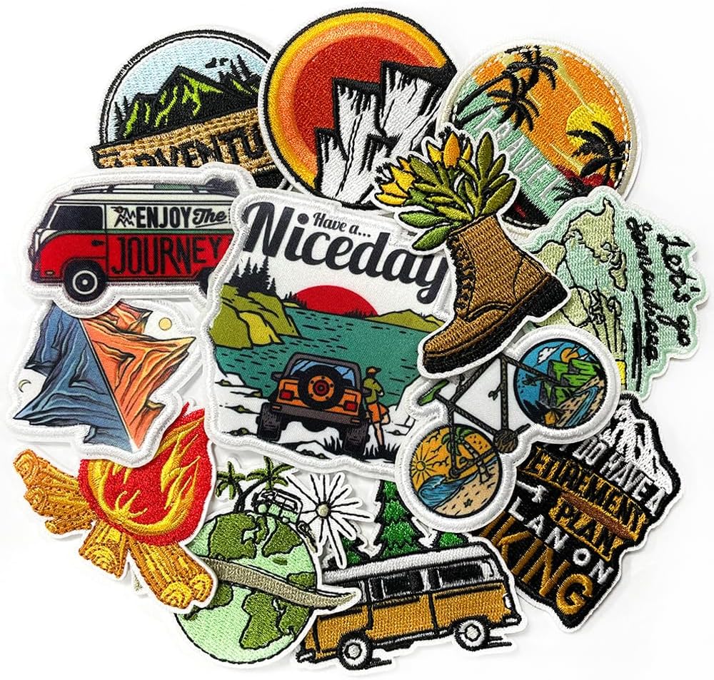 CY Embroidered Applique 13Pcs Outdoor Camping Iron On Patches Nature Adventure Wild Hiking DIY ...