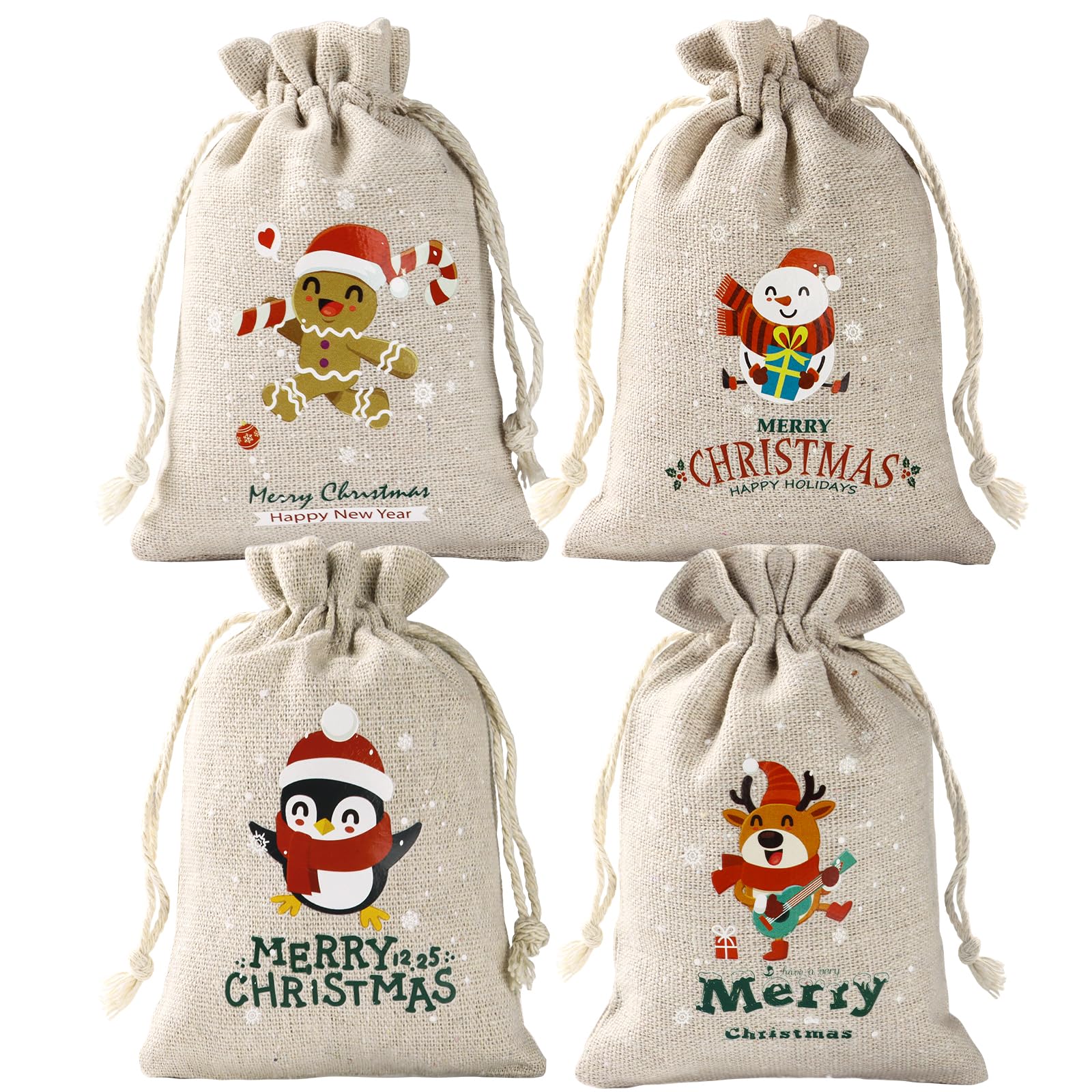 12 Packs Christmas Cotton Drawstring Gift Bags 4 Styles Merry Christmas ...