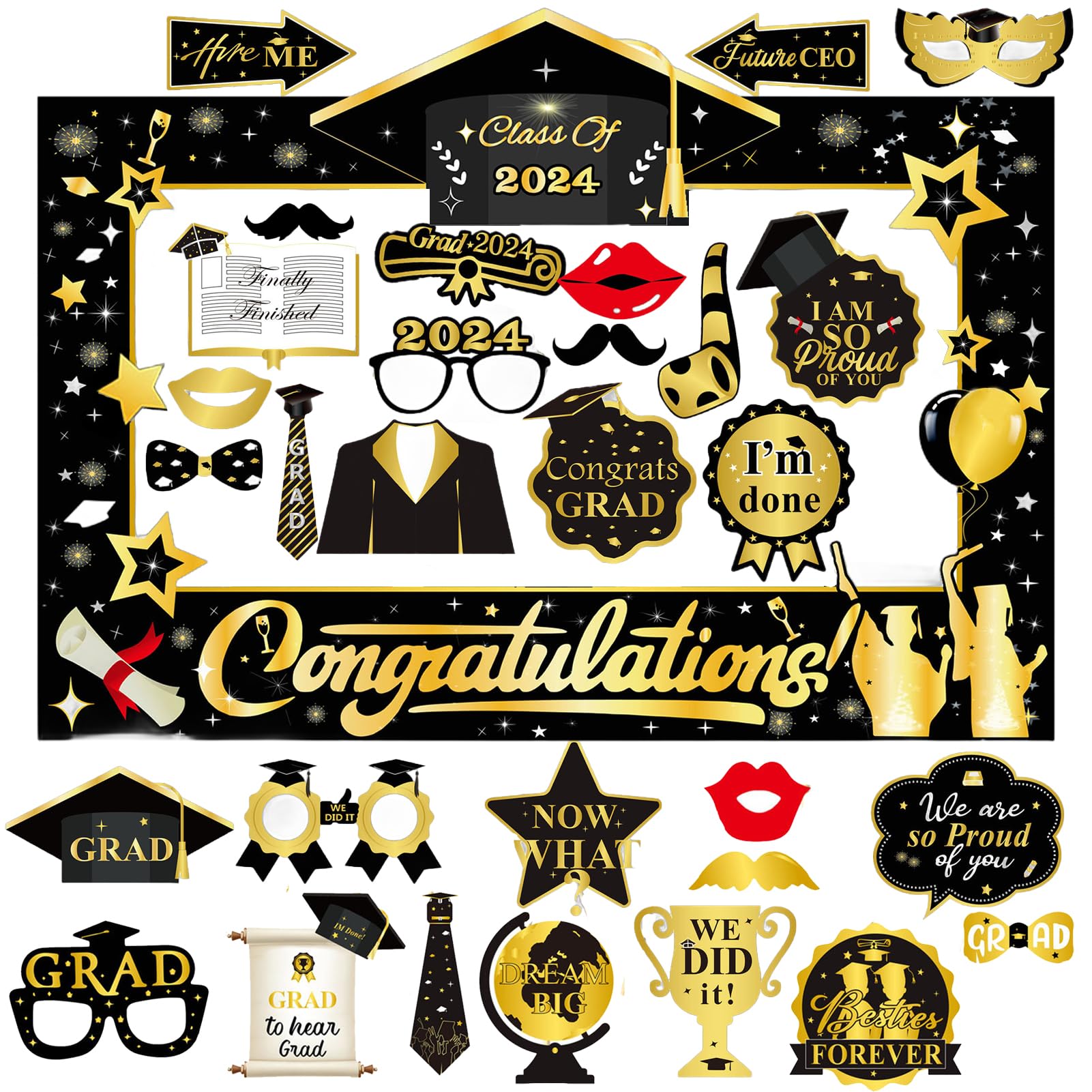 Qpout 30pcs 2024 Graduation Photo Booth Props with Frame Fancy Black ...