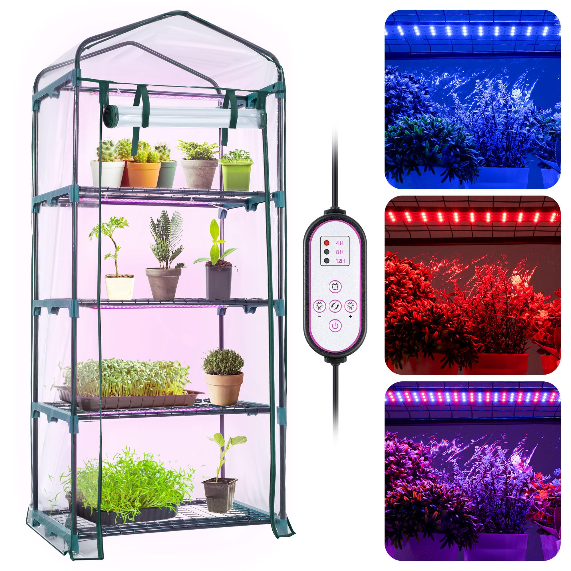 Amazon.com : Meonum Indoor Greenhouse with LED Grow Lights, 4 Tier Mini ...