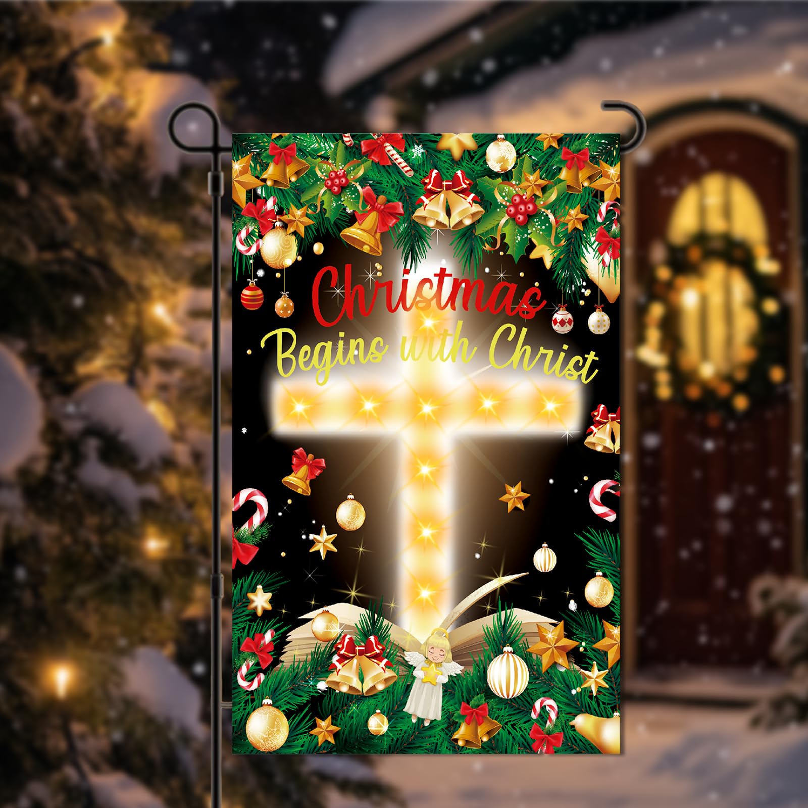 Amazon.com : Lighted Christmas Garden Flag 12x18 Inch Jesus Cross ...