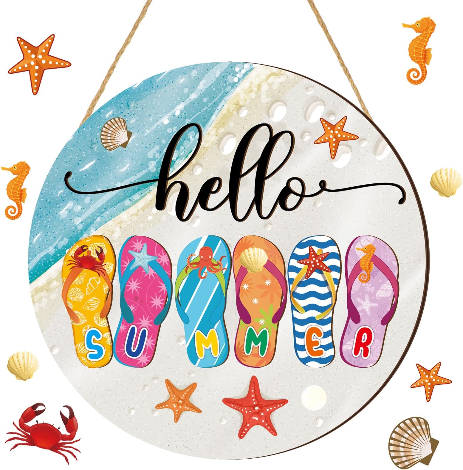 Amazon.com: Hello Summer Door Sign Beach Themed Wooden Door Hanger Flip ...