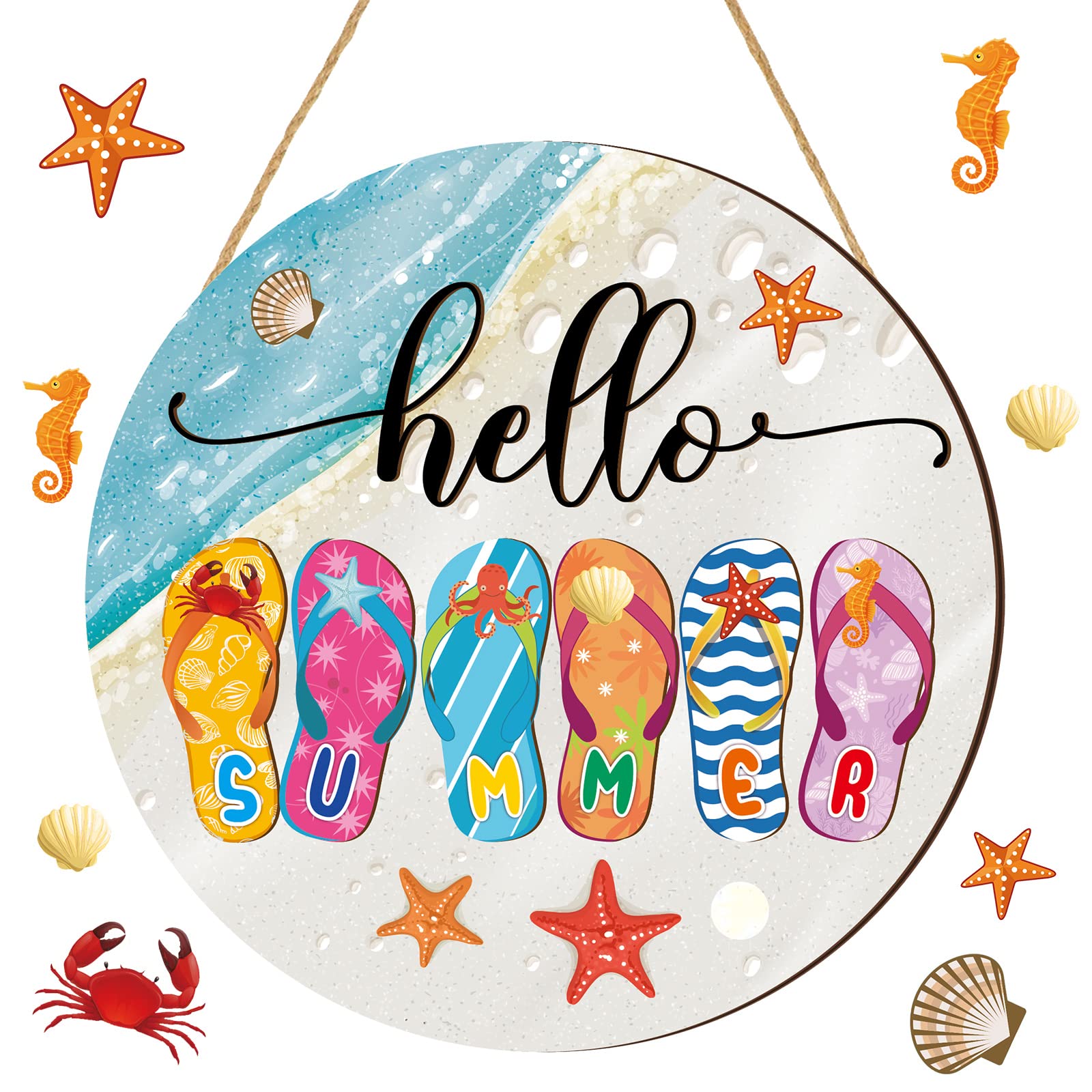 Amazon.com: Hello Summer Door Sign Beach Themed Wooden Door Hanger Flip ...