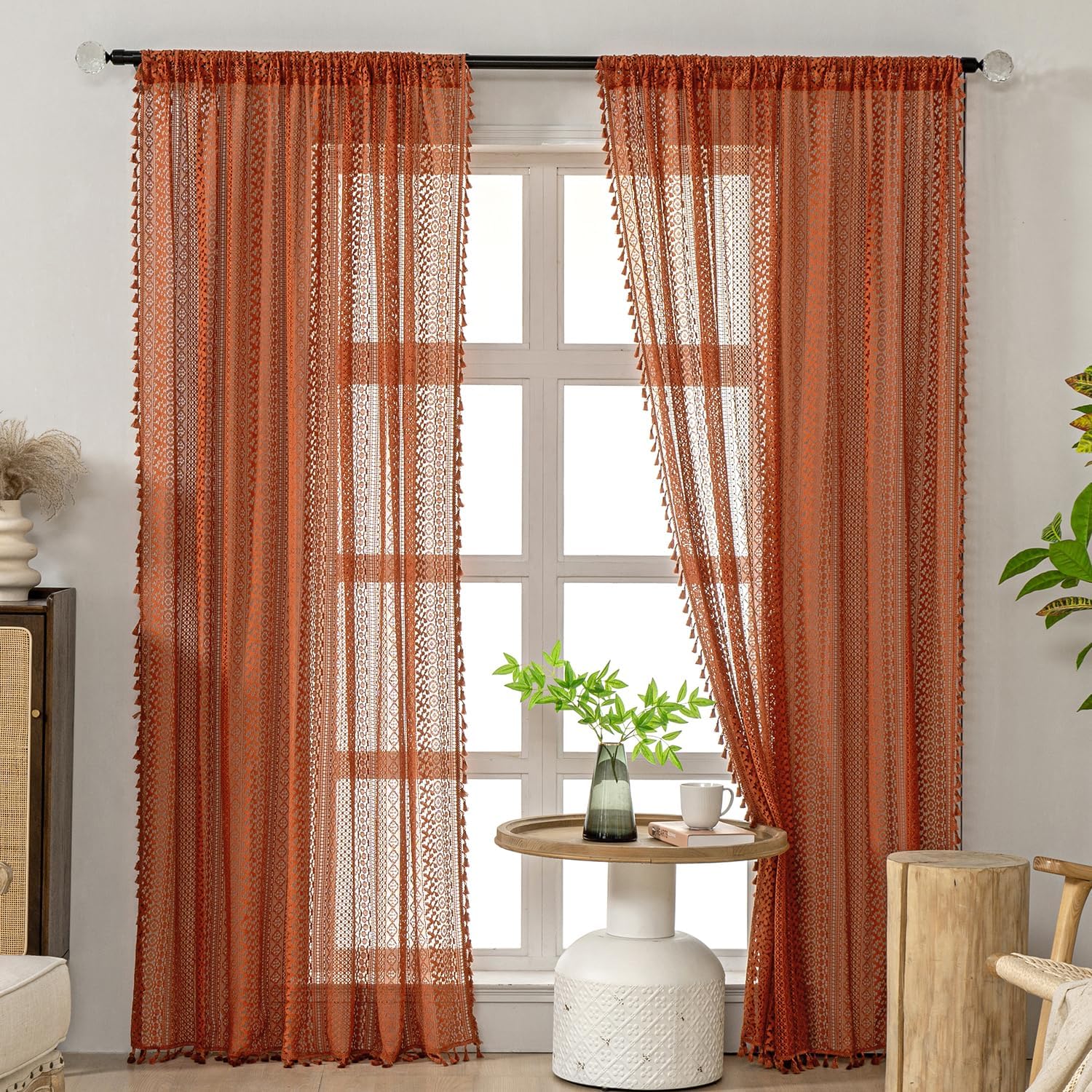 Amazon.com: WAZZIO Burnt Orange Sheer Curtains 84 Inches Long Rod ...